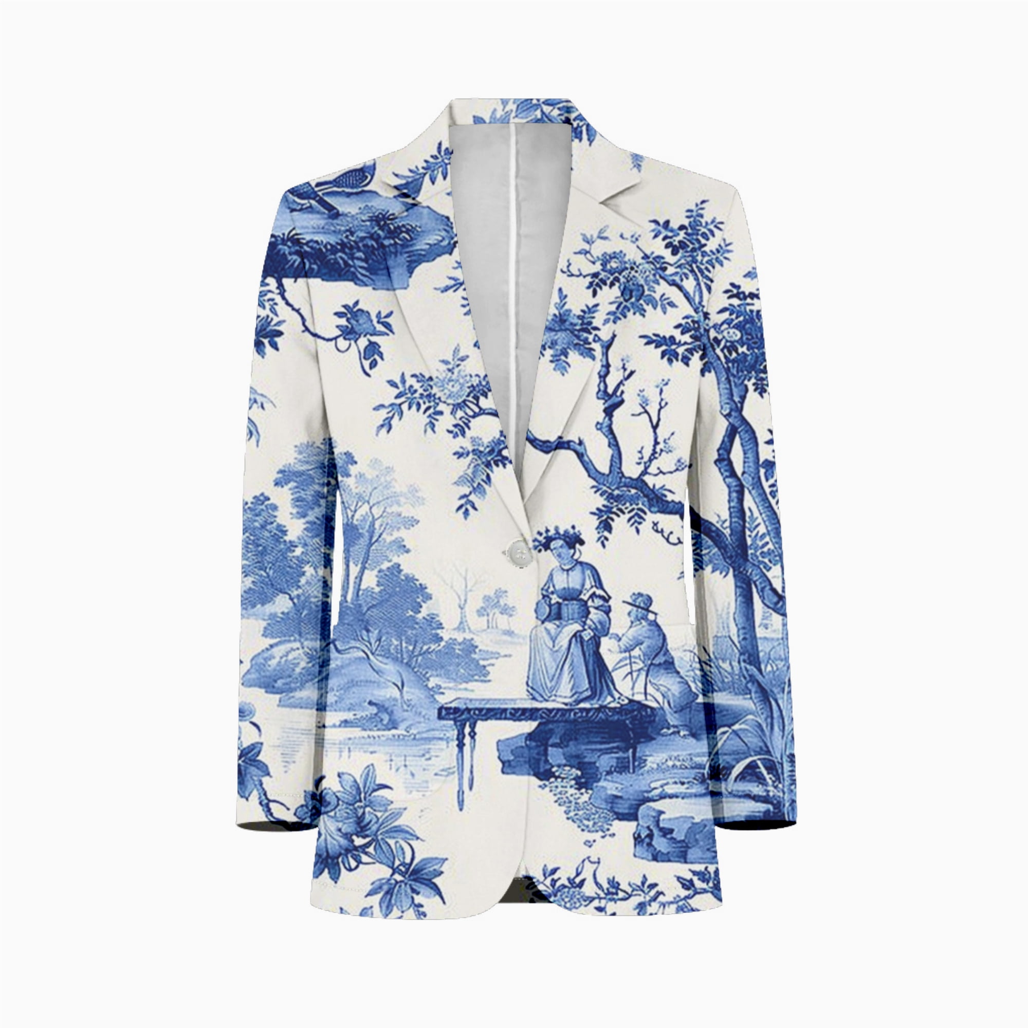 Blue Chinoiserie Toile lady Men's Suit Blazer Casual Party Wear Slim ...