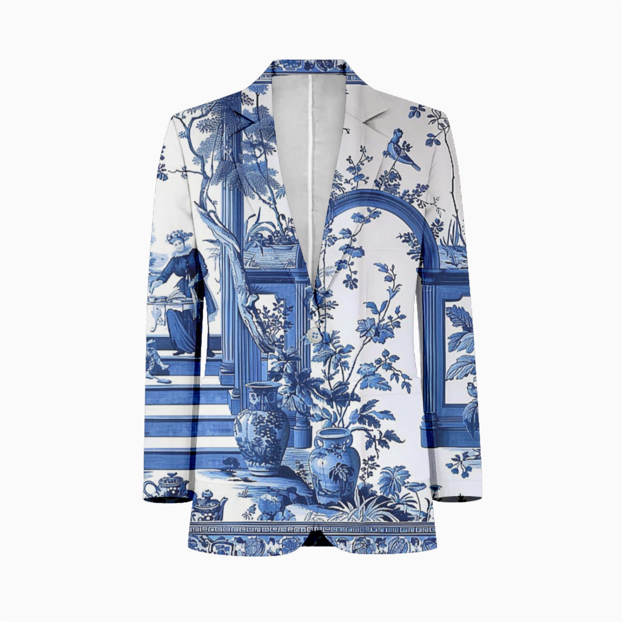 Blue Chinoiserie Toile pattern Men's Suit Blazer Casual Party Wear Slim ...