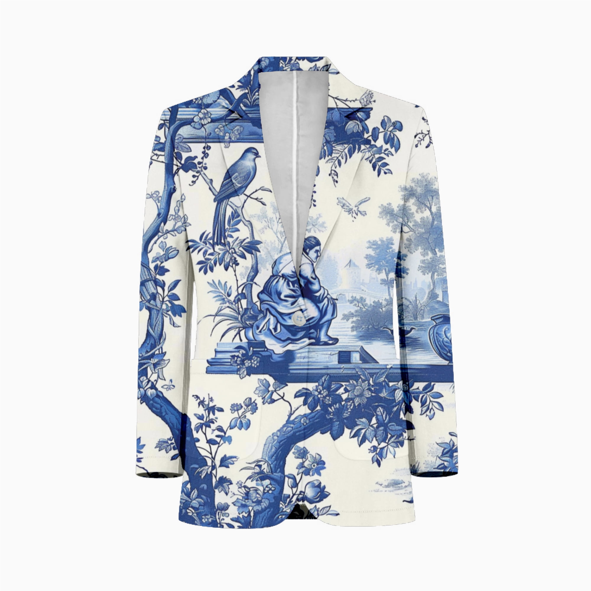 Blue Chinoiserie Toile pattern bird tree Men's Suit Blazer Casual Party ...