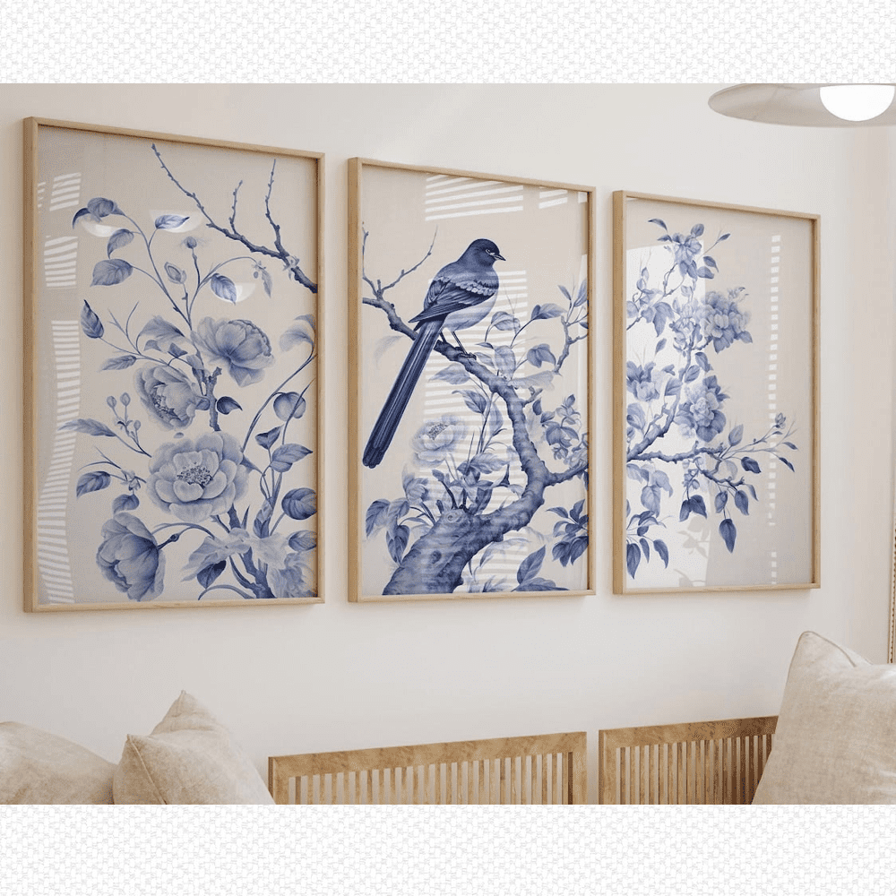 Blue Chinoiserie Vintage Floral Triptych Poster Prints , Poster Only ...