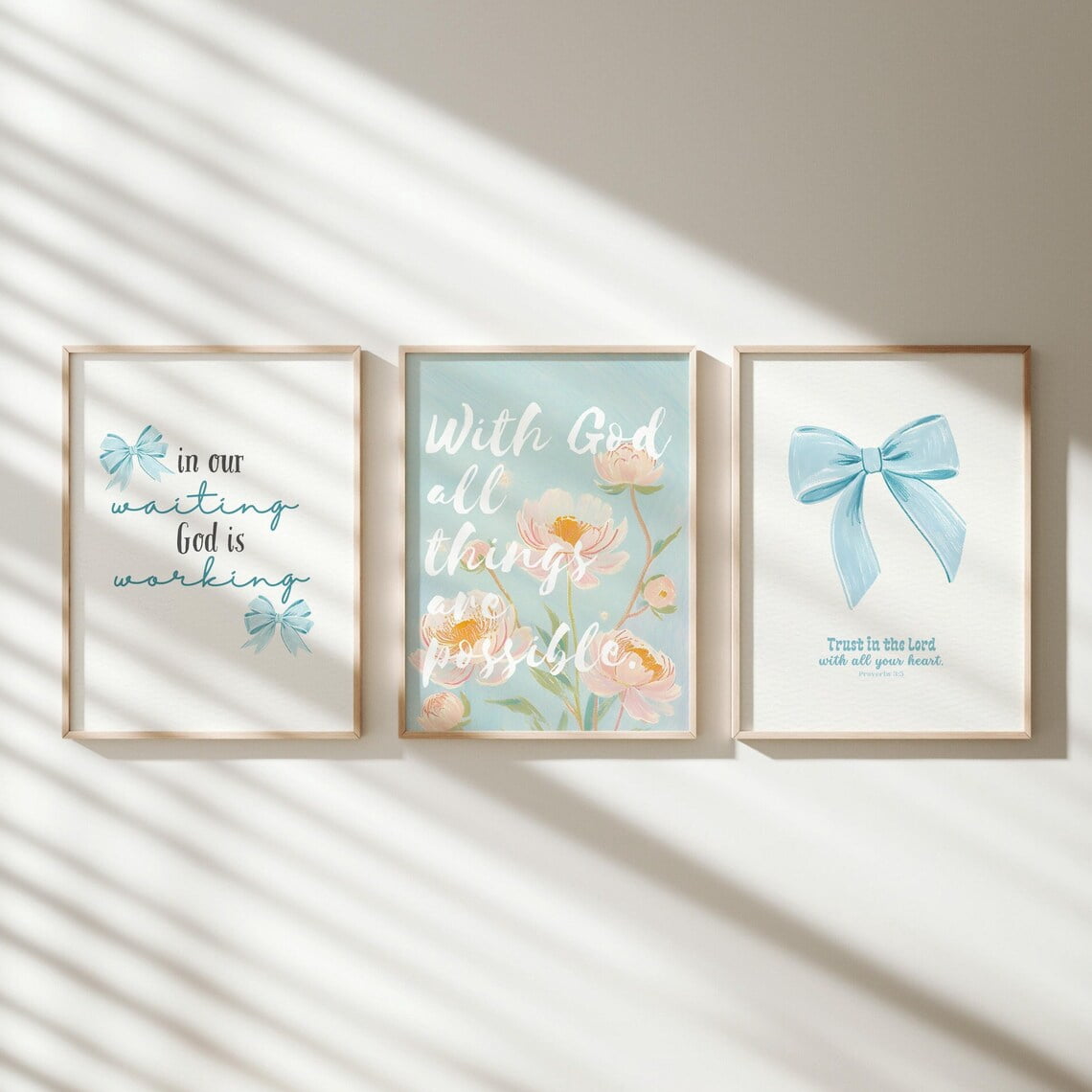 Blue Christian Bible Verse Wall Art Set Of 3, Coquette Girly Scripture ...
