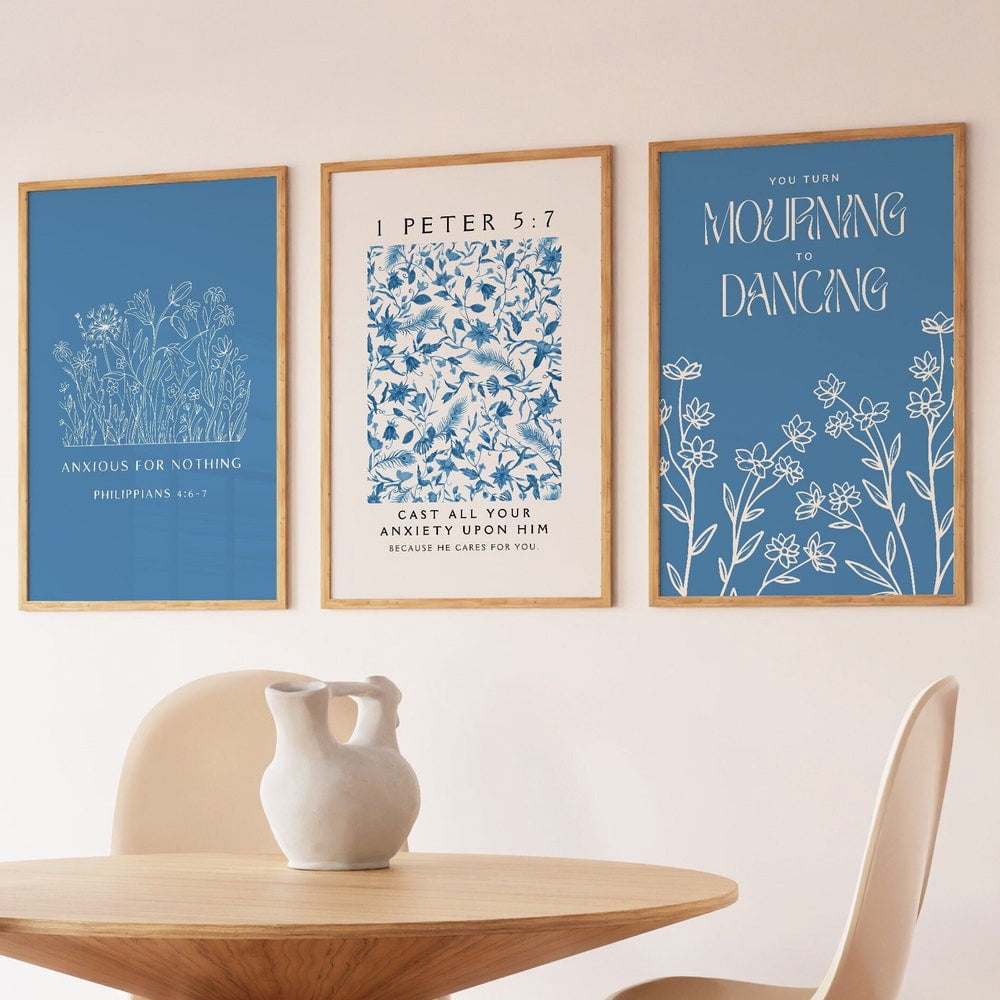 Blue Christian Wall Art Set: Vintage Bible Verse Prints Set 3 Unframed ...