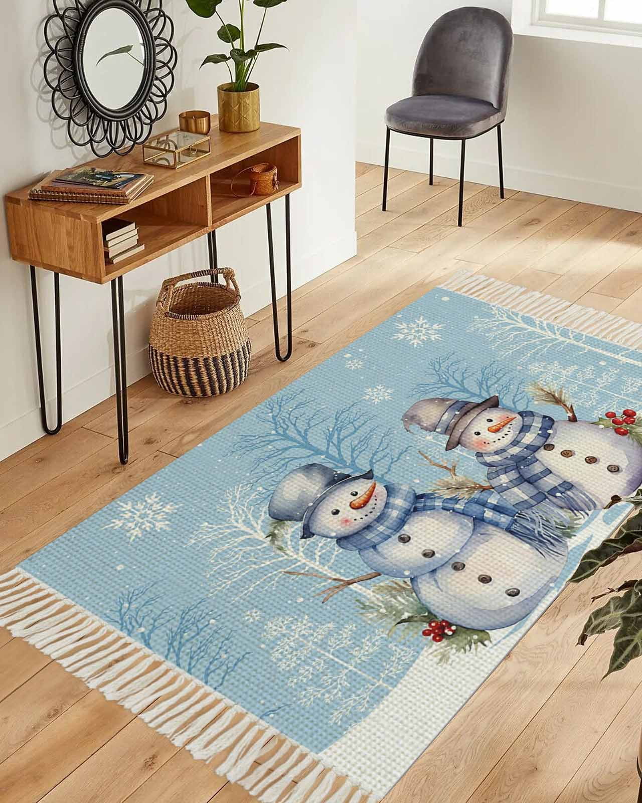 Blue Christmas,Area Rug 3x5ft Woven Runner Rug,Snowman Forest Snowy ...