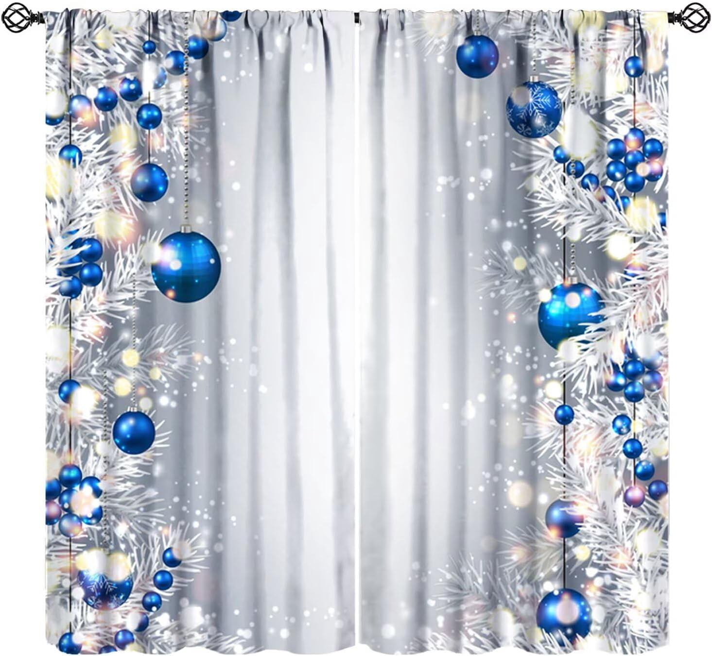 Blue Christmas Ball Curtains, Happy New Year Silver Fir Branches Winter ...