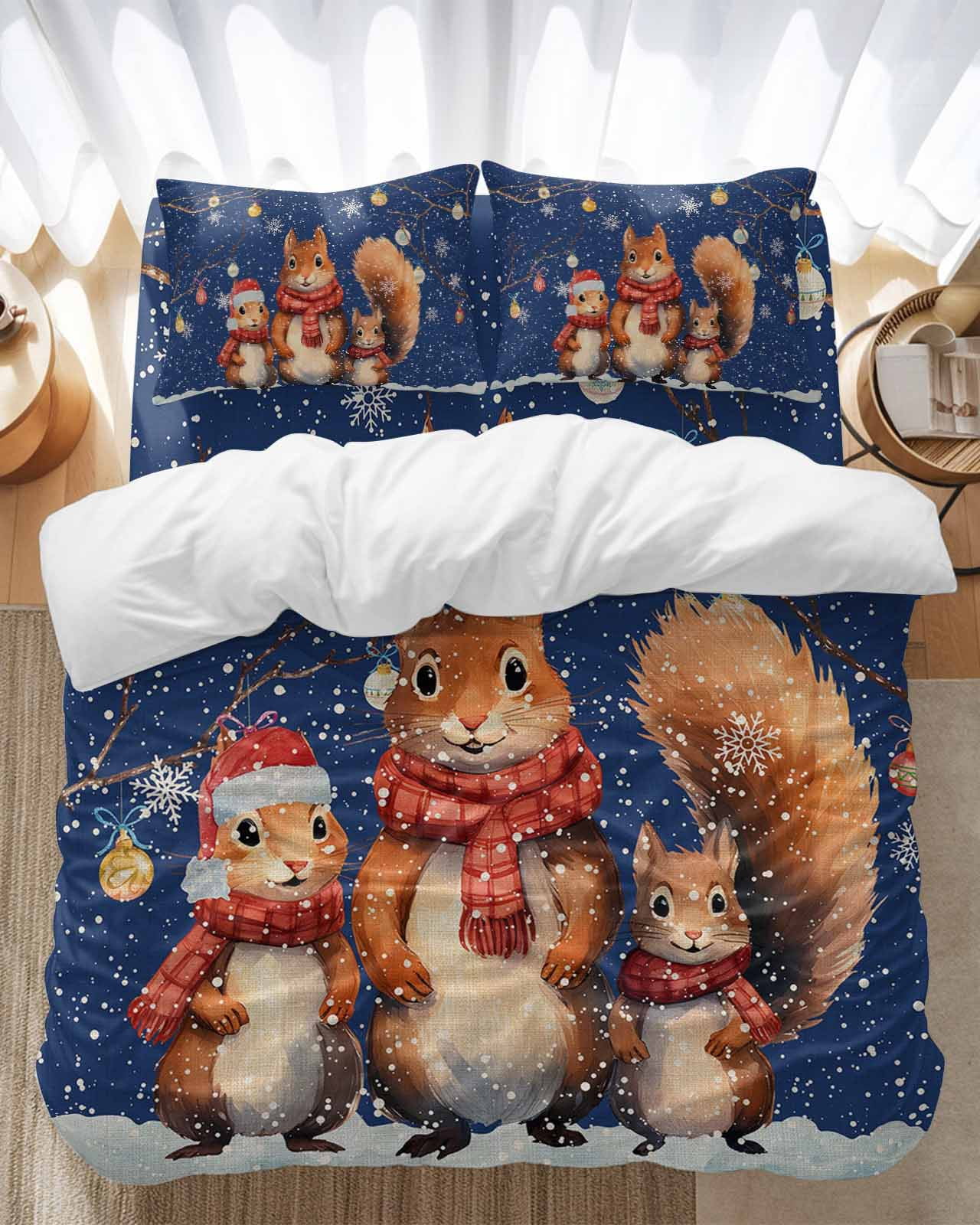 Blue Christmas Bedding Duvet Cover Set Queen Size 4 Pieces Squirrel Branch Ball Snowflake ...