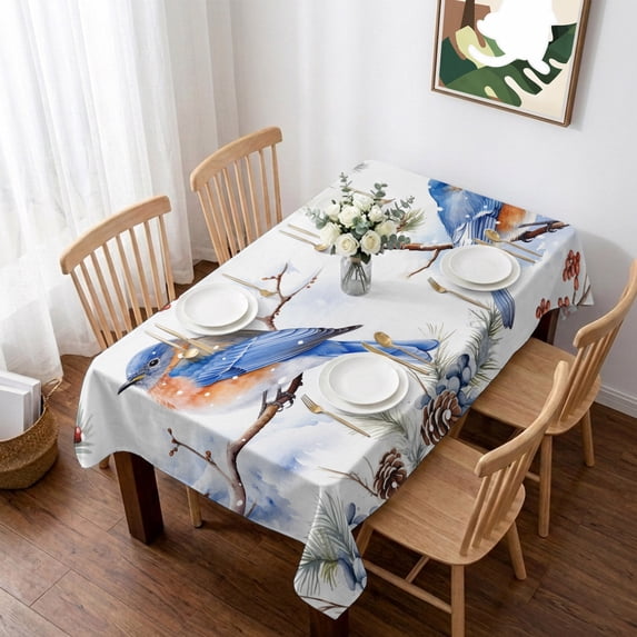 Blue Christmas Bird, Table Cloth Waterproof Tablecloths, Winter Berry ...