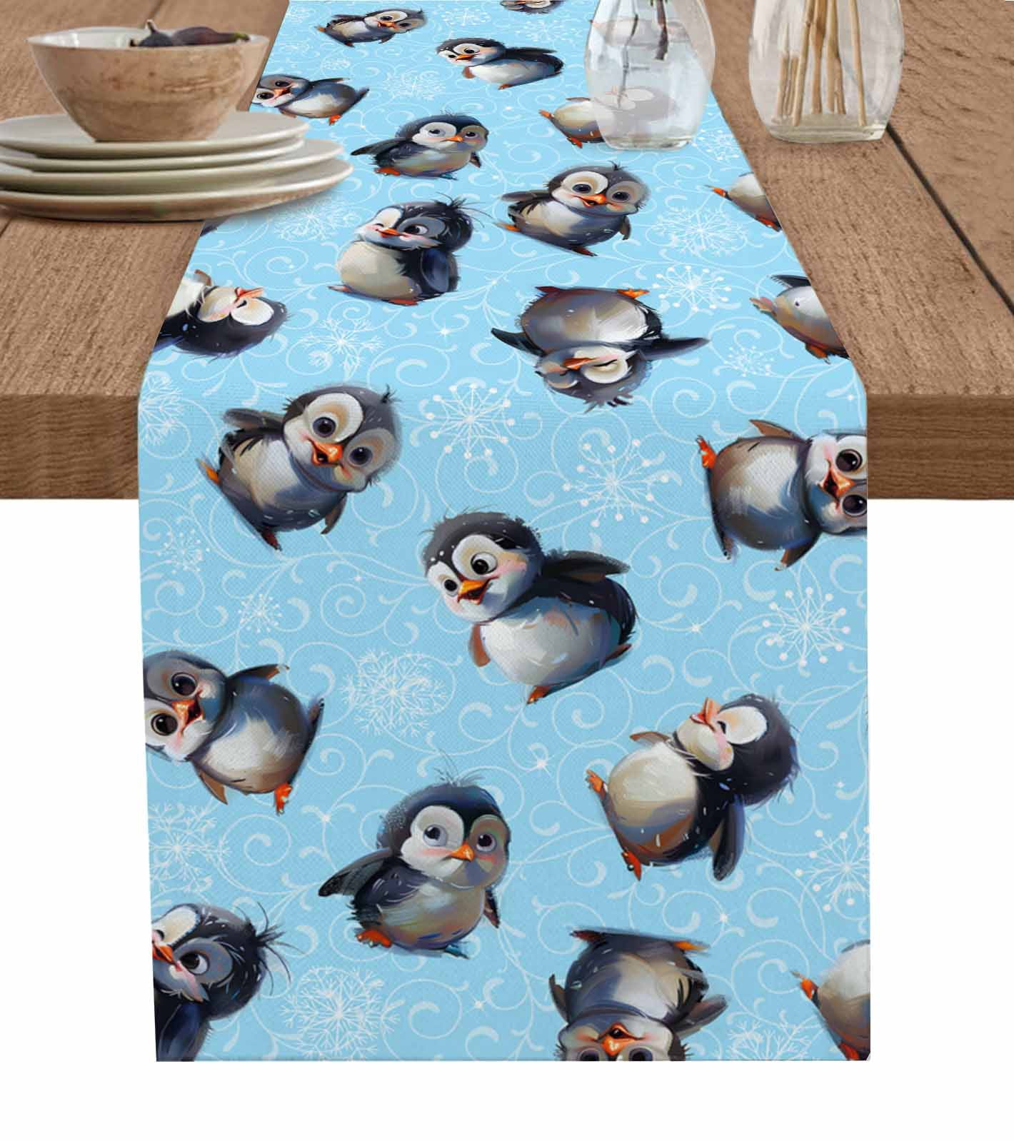 Blue Christmas Burlap-Cotton Table Runner 36 Inches Long,Watercolor ...
