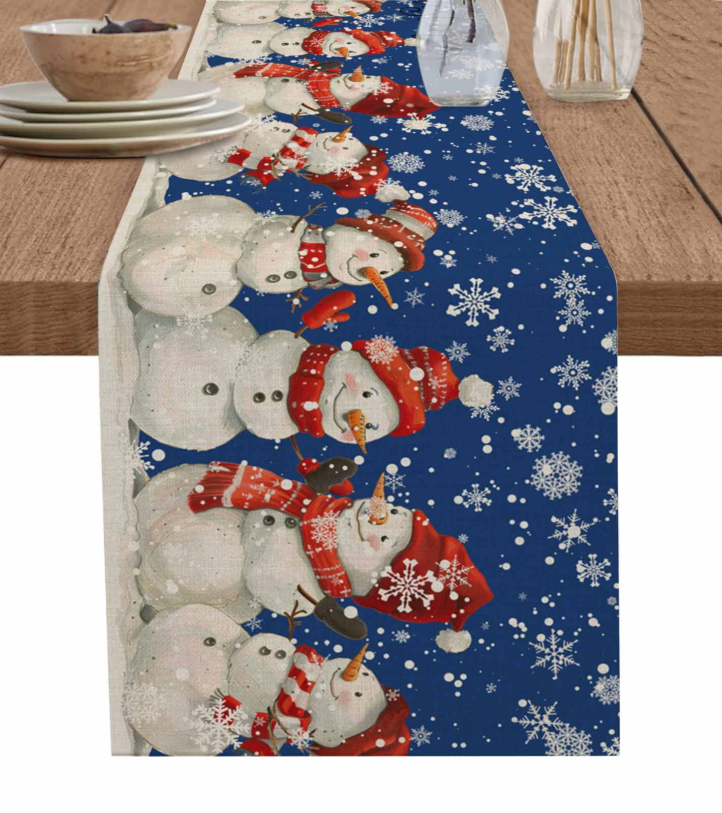 Blue Christmas Burlap-Cotton Table Runner 72 Inches Long,Snowman Xmas ...