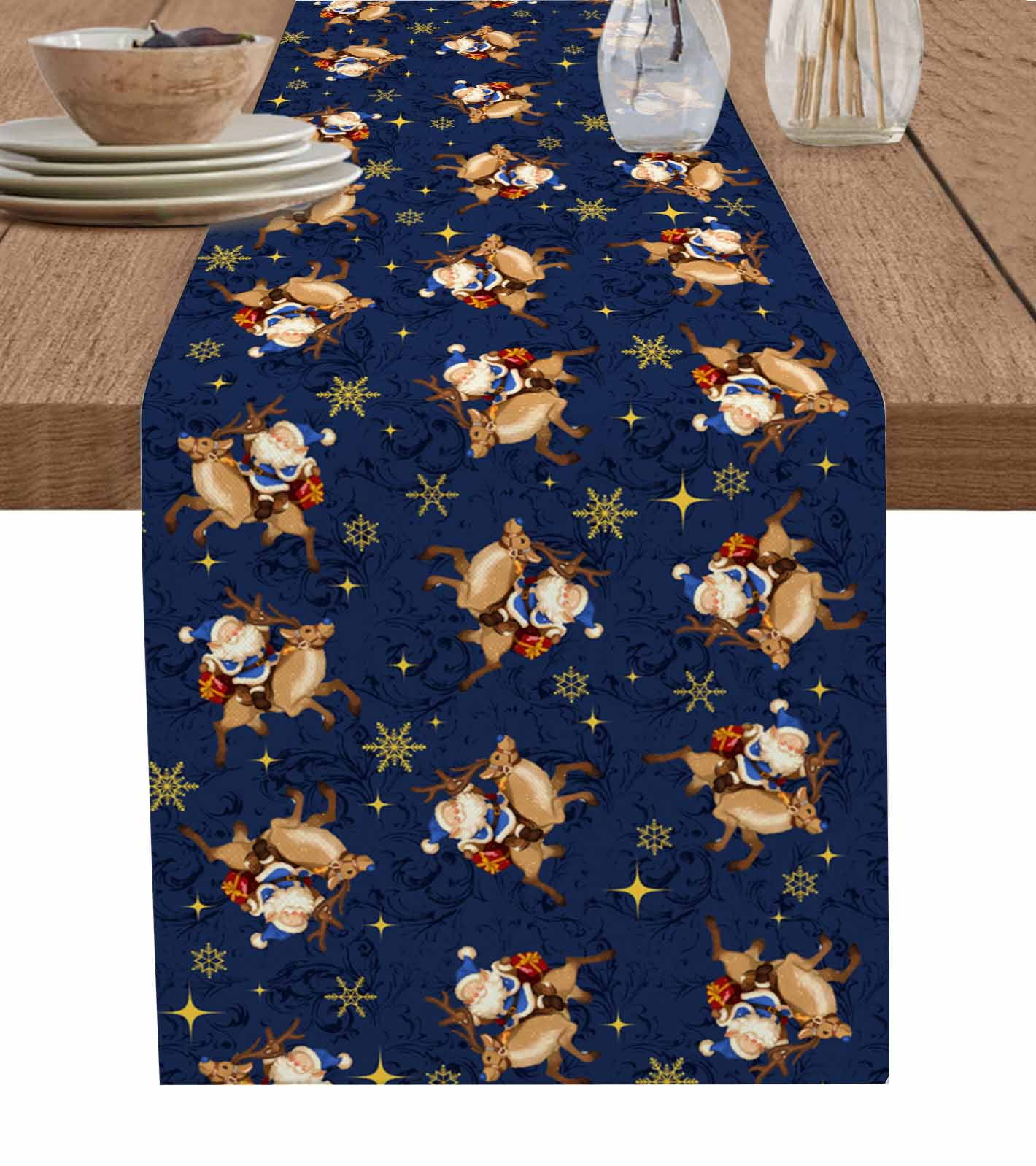 Blue Christmas Burlap-Cotton Table Runner 72 Inches Long,Vintage Elk ...