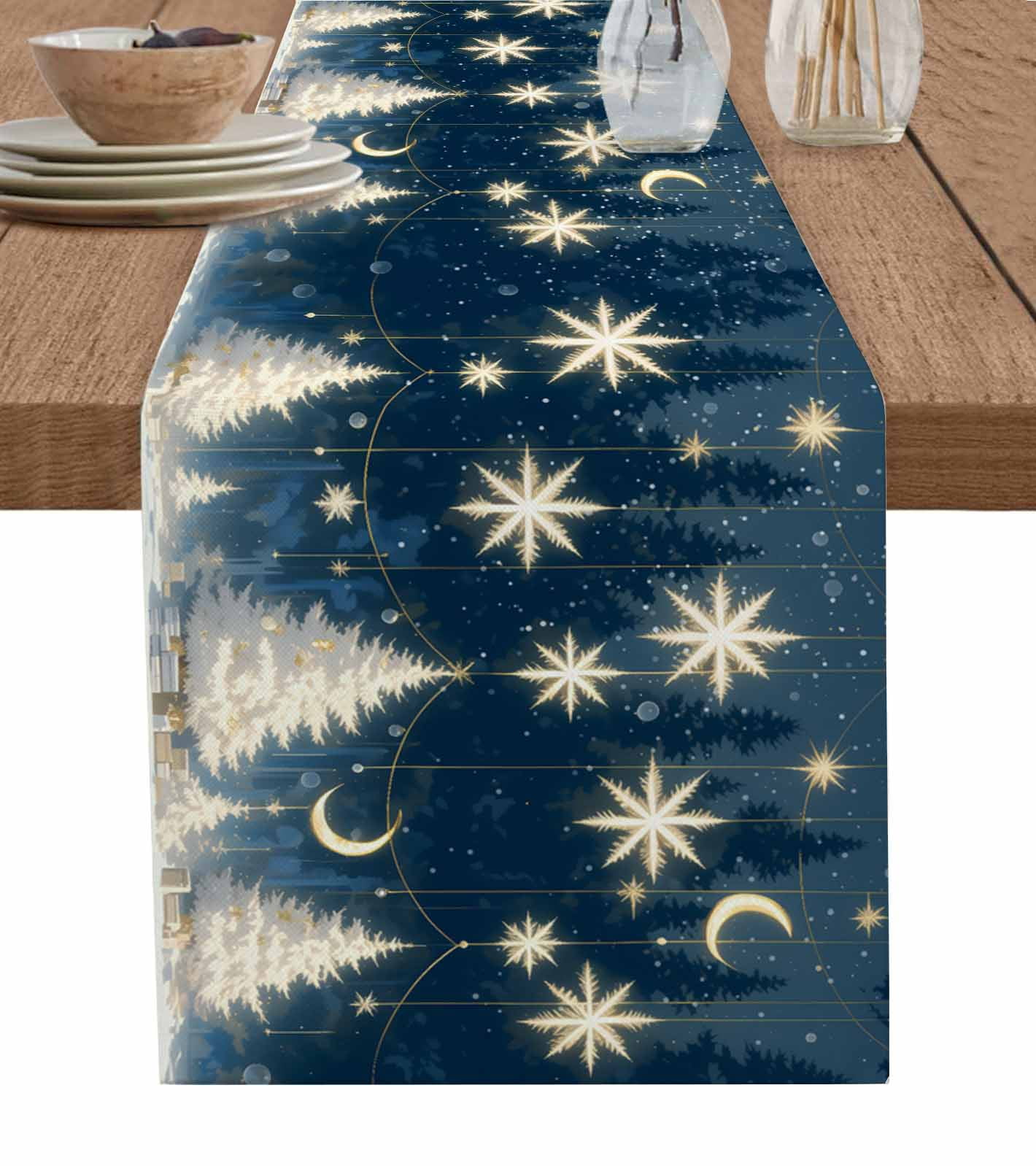 Blue Christmas Burlap-Cotton Table Runner 72 Inches Long,Xmas Tree ...