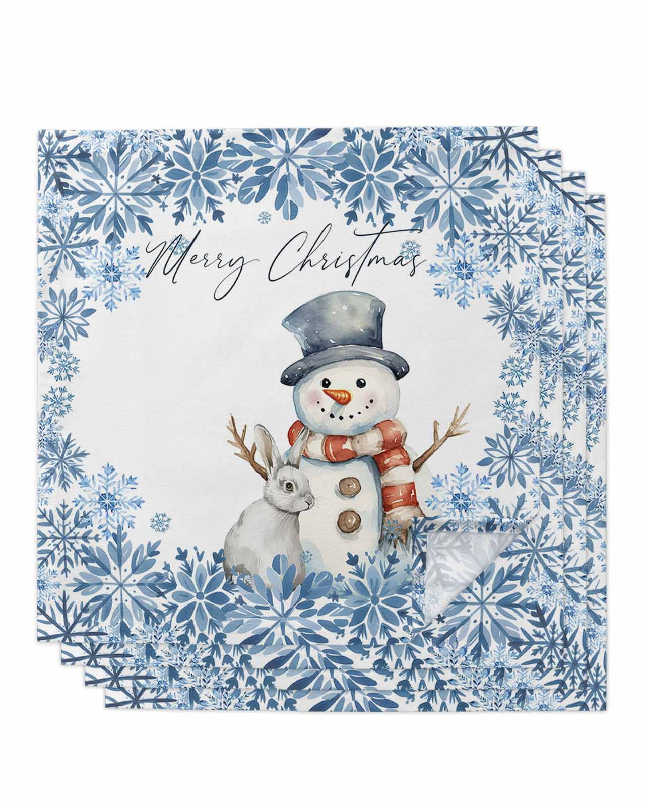 Blue Christmas Cloth Napkins Washable Set of 4, Xmas Snowflakes Snowman ...