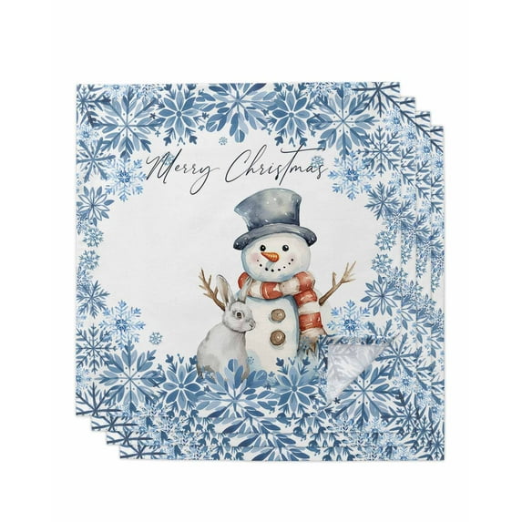 Blue Christmas Cloth Napkins Washable Set of 4, Xmas Snowflakes Snowman ...