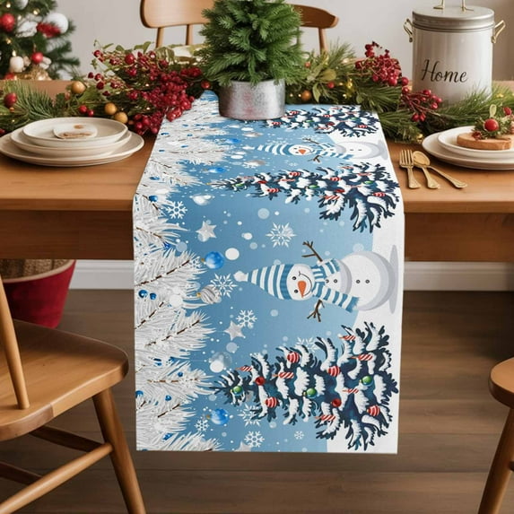 Blue Christmas Cotton Linen Small Table Runner 13 x 36 inch Snowman ...