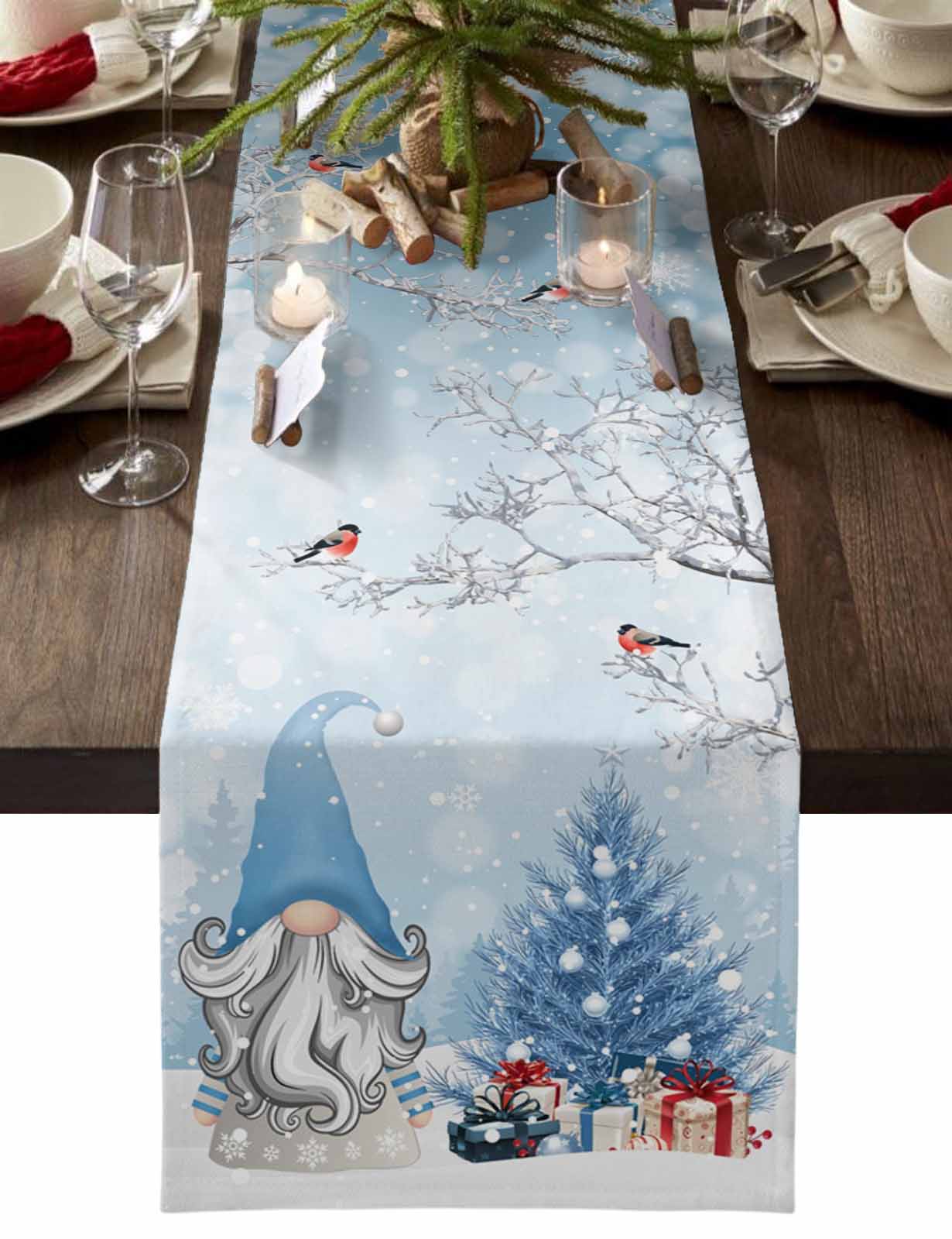 Blue Christmas Cotton Linen Table Runner for Dining Kitchen, Gnomes ...