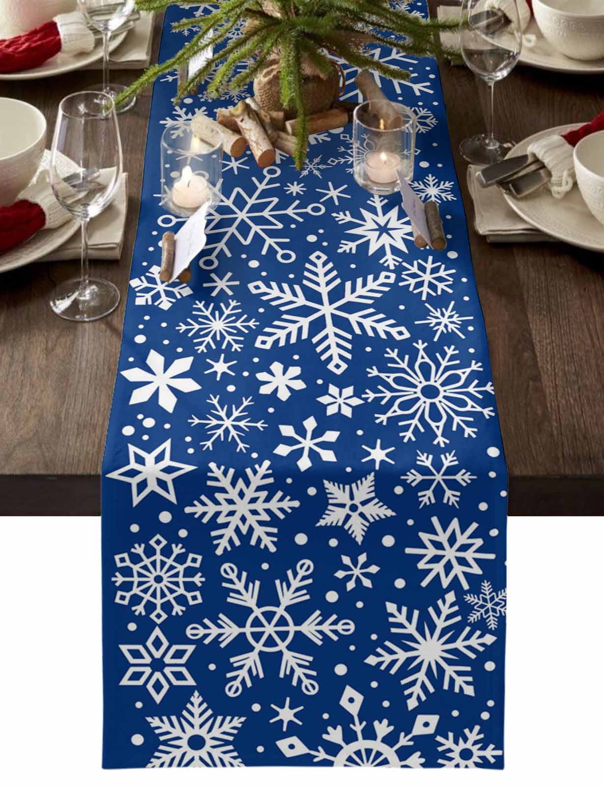 Blue Christmas Cotton Linen Table Runner for Dining Kitchen, Snowflakes ...