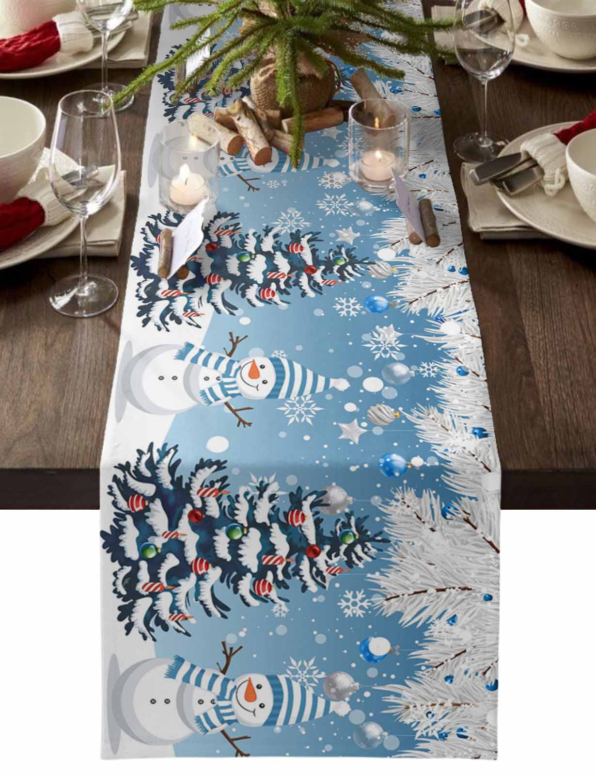 Blue Christmas Cotton Linen Table Runner for Dining Kitchen, Snowman ...