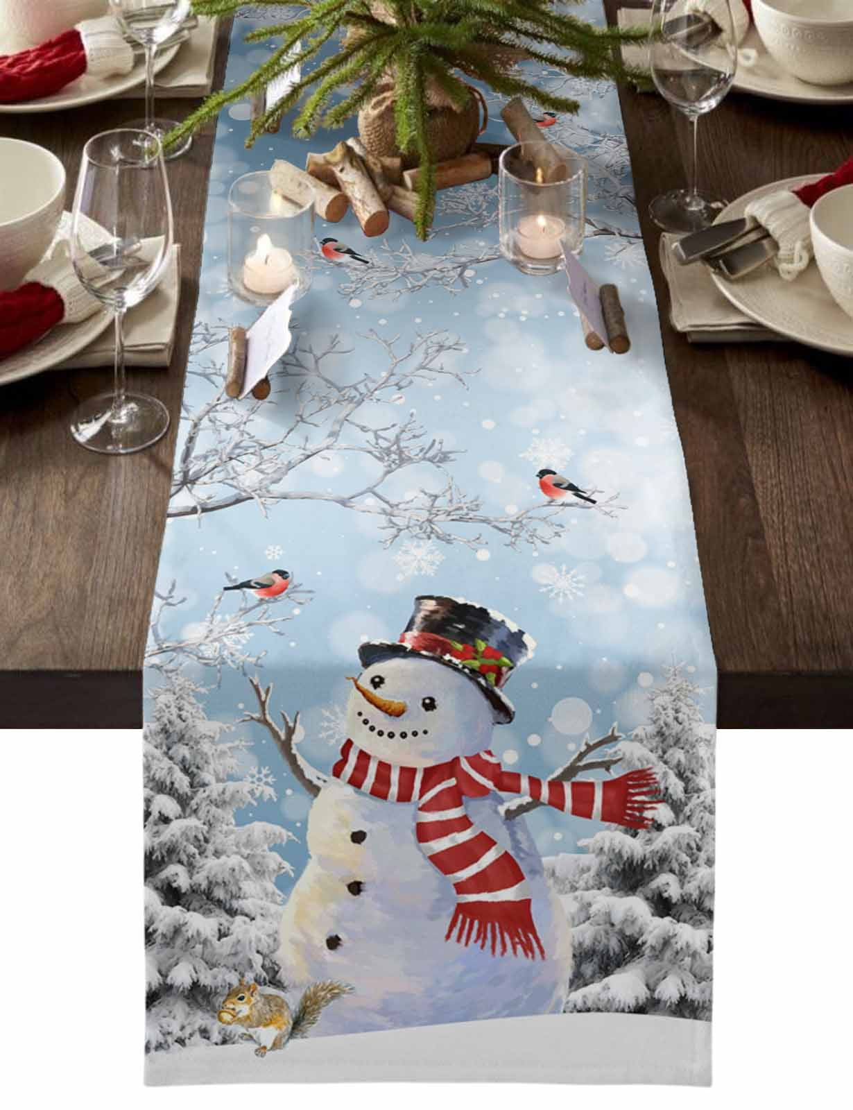 Blue Christmas Cotton Linen Table Runner for Dining Kitchen, Snowman ...