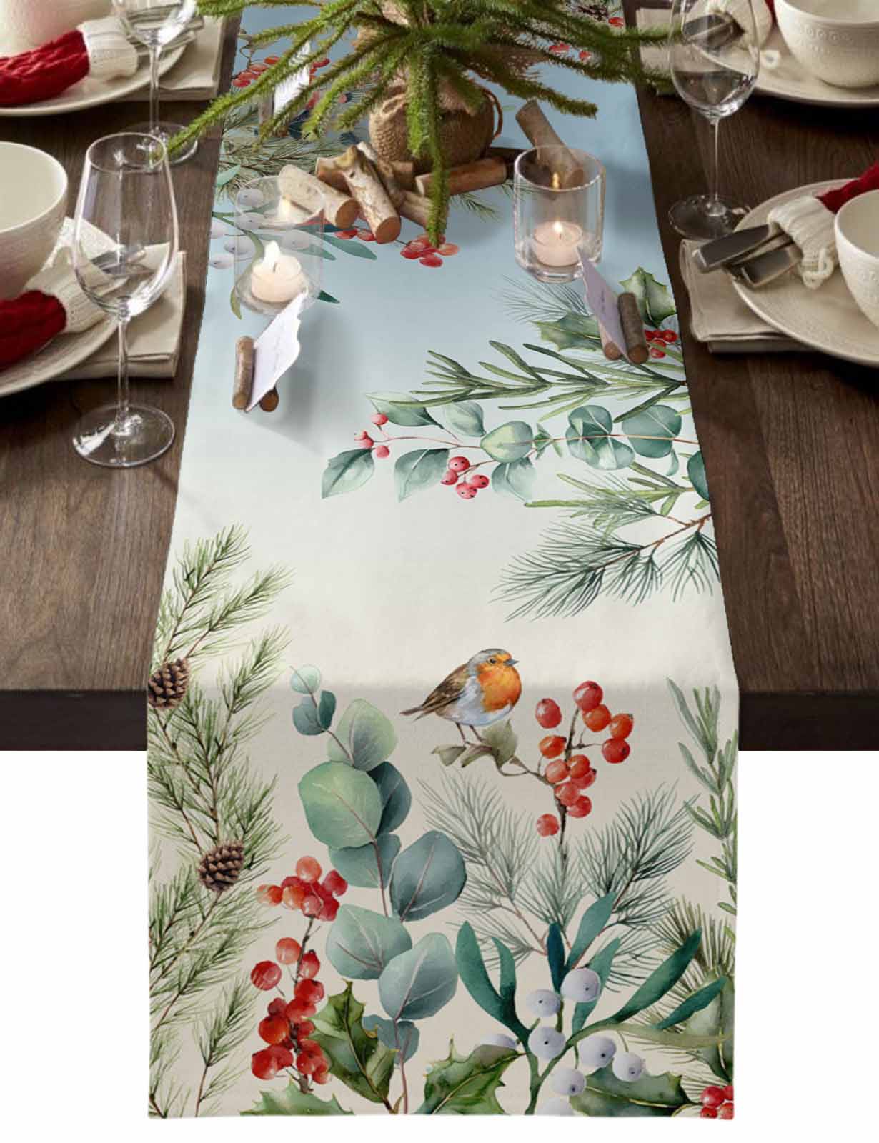 Blue Christmas Cotton Linen Table Runner for Dining Kitchen, Xmas ...