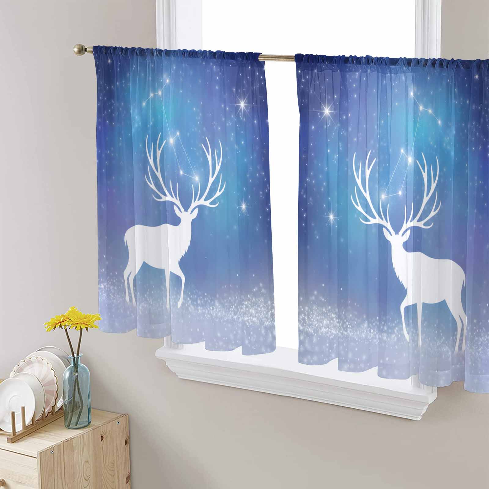 Blue Christmas Deer Sheer Curtains 45 Inch Length 2 Panels Set, Semi ...