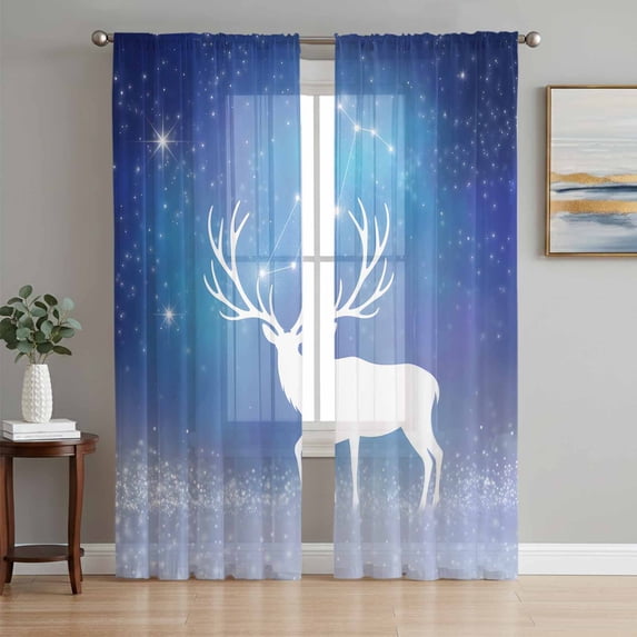 Blue Christmas Deer Sheer Curtains 63 Inch Length 2 Panels Set, Winter ...
