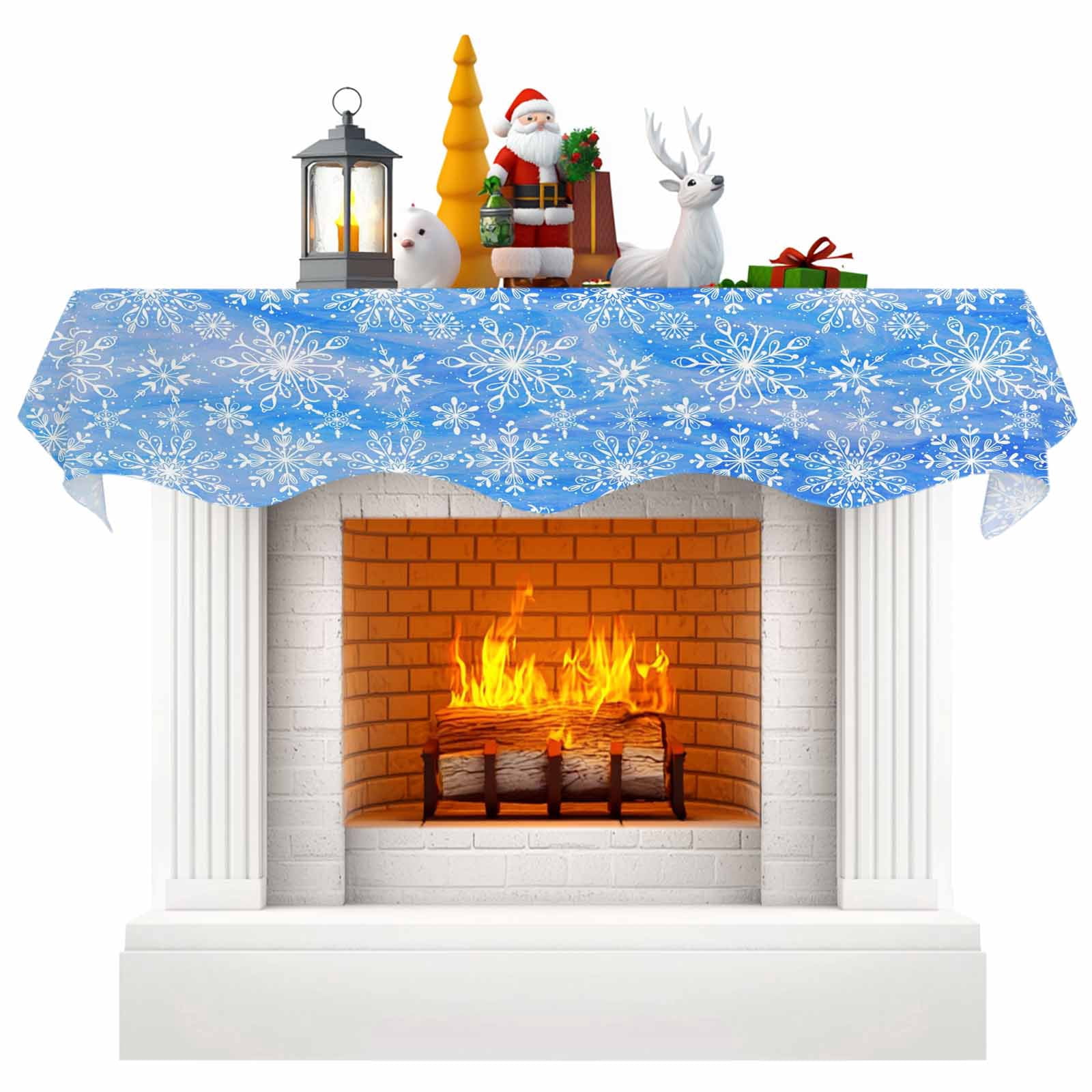 Blue Christmas Fireplace Mantle Scarf, Watercolor Winter White Snow ...