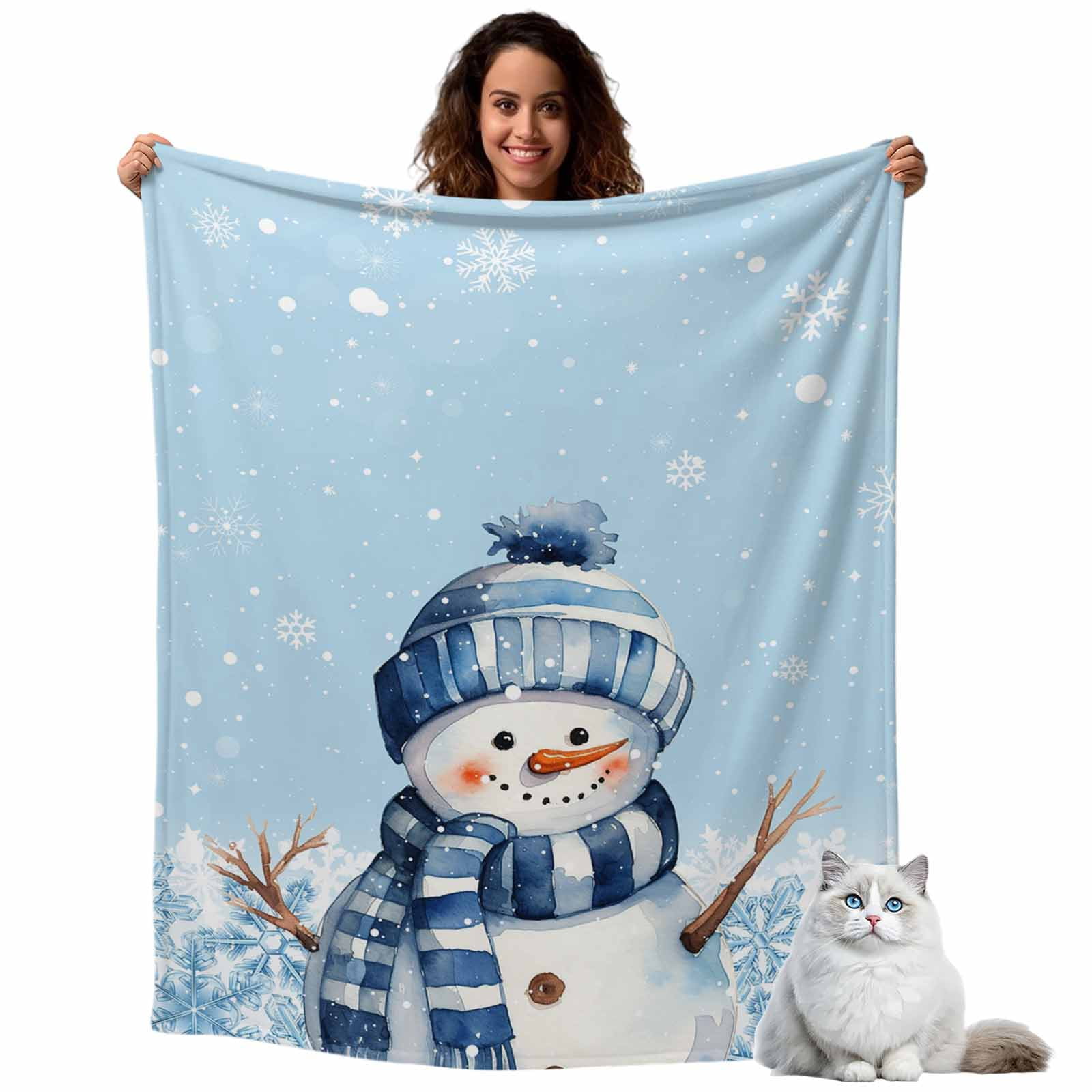 Blue Christmas Fleece Throw Blanket Lightweight Snowman Striped Cap and ...