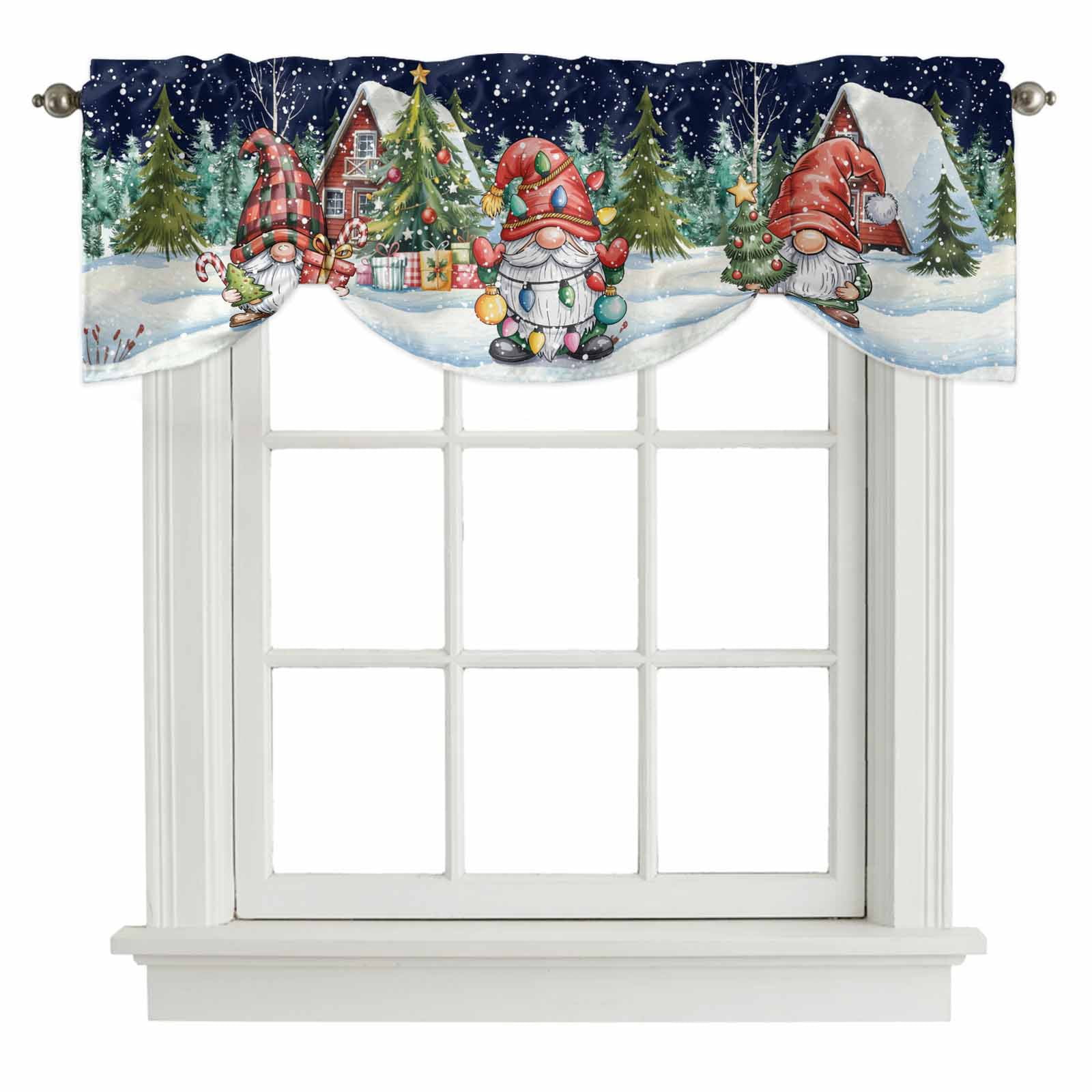 Blue Christmas Gnomes Tie Up Valance Curtains for Windows, Kitchen ...