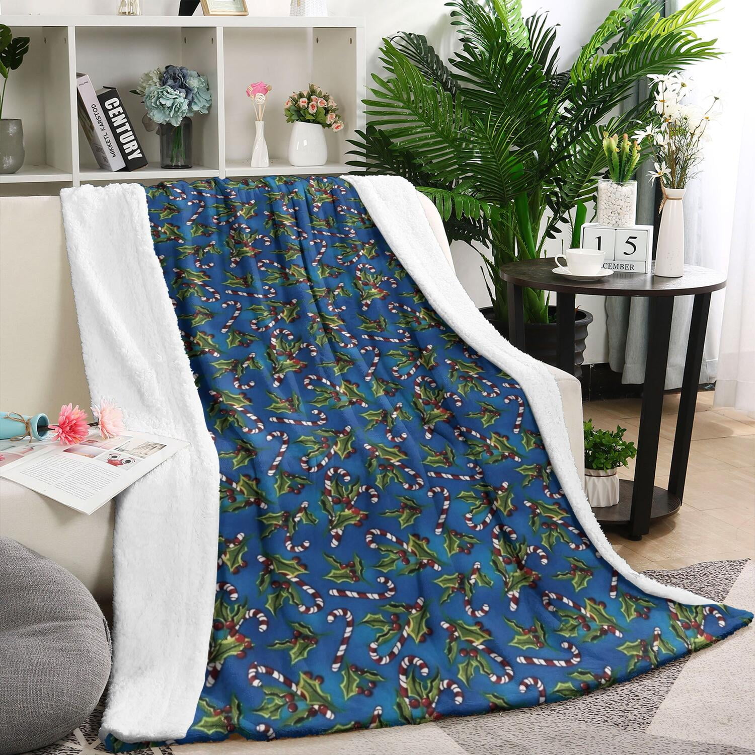 Blue Christmas Holly and Candy Cane Pattern Blanket,Comfortable Soft ...