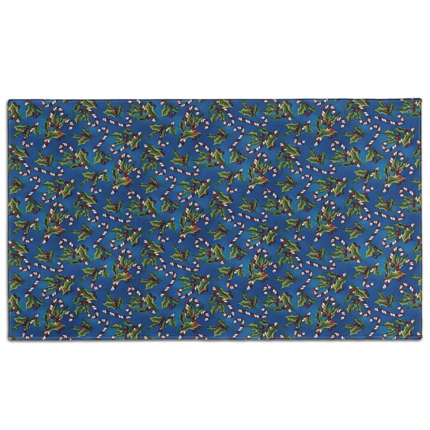 Blue Christmas Holly and Candy Cane Pattern Door Rugs,Washable Non Slip ...