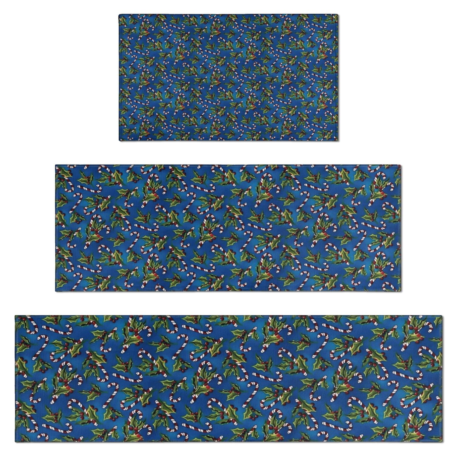 Blue Christmas Holly and Candy Cane Pattern Kitchen Rugs Sets Of 3 ...