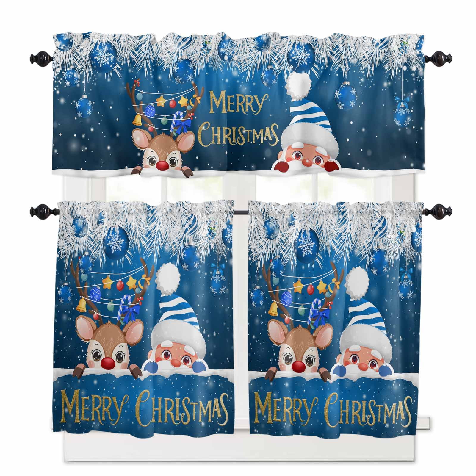 Blue Christmas Kitchen Curtains and Valances Set, Cute Santa Claus Deer ...
