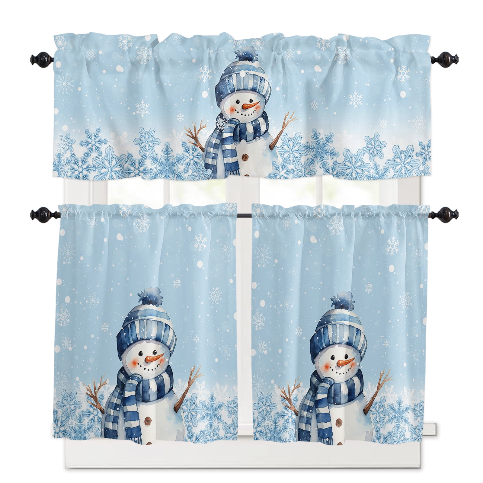 Blue Christmas Kitchen Curtains and Valances Set, Snowman Striped Cap ...