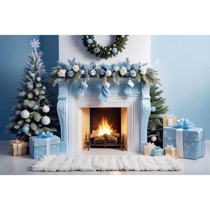 Blue Christmas Photography Backdrops Tree Gifts Fireplace ration Photoz ...
