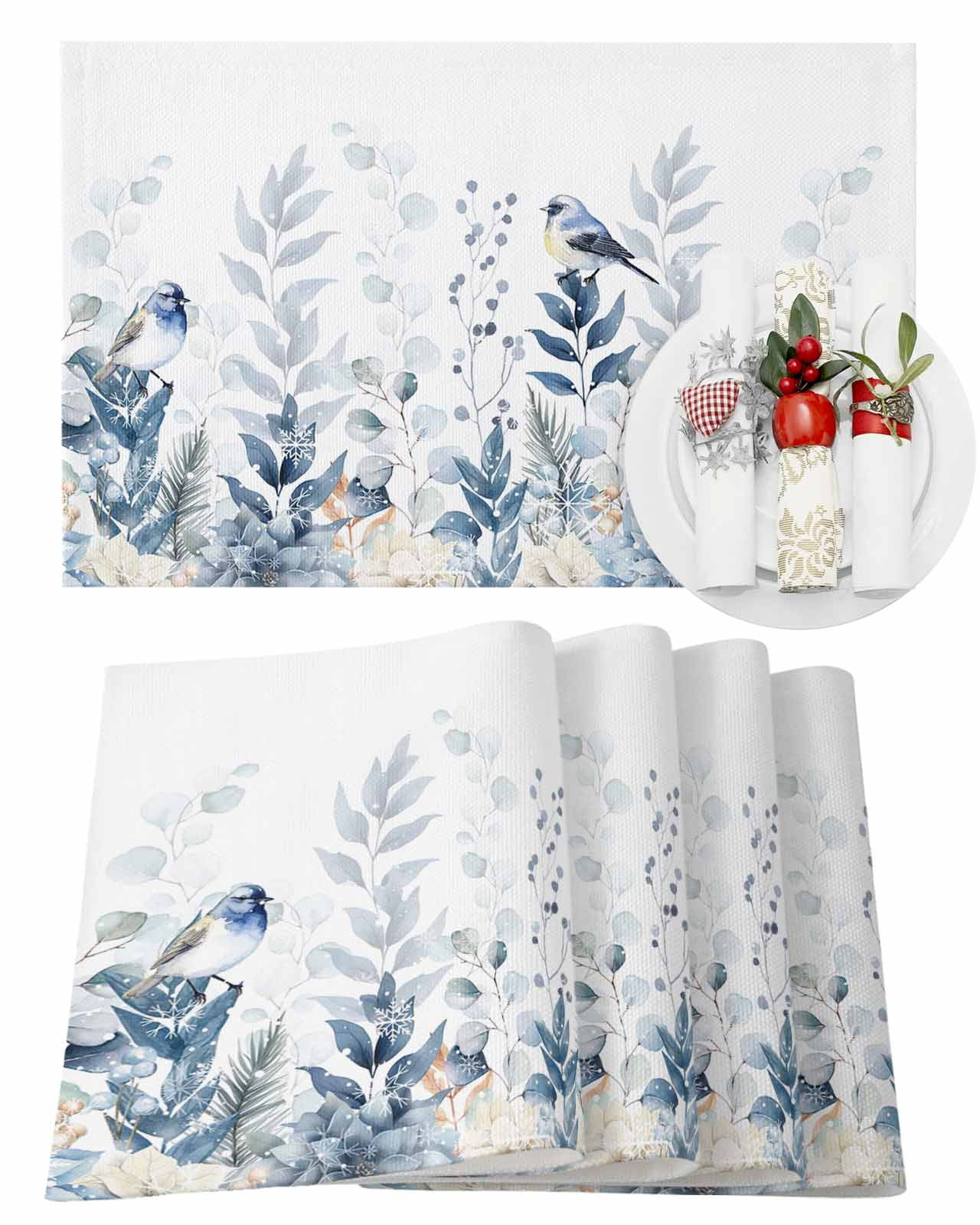 Blue Christmas Placemats Set of 8 Flower Poinsettia Robins Eucalyptus ...