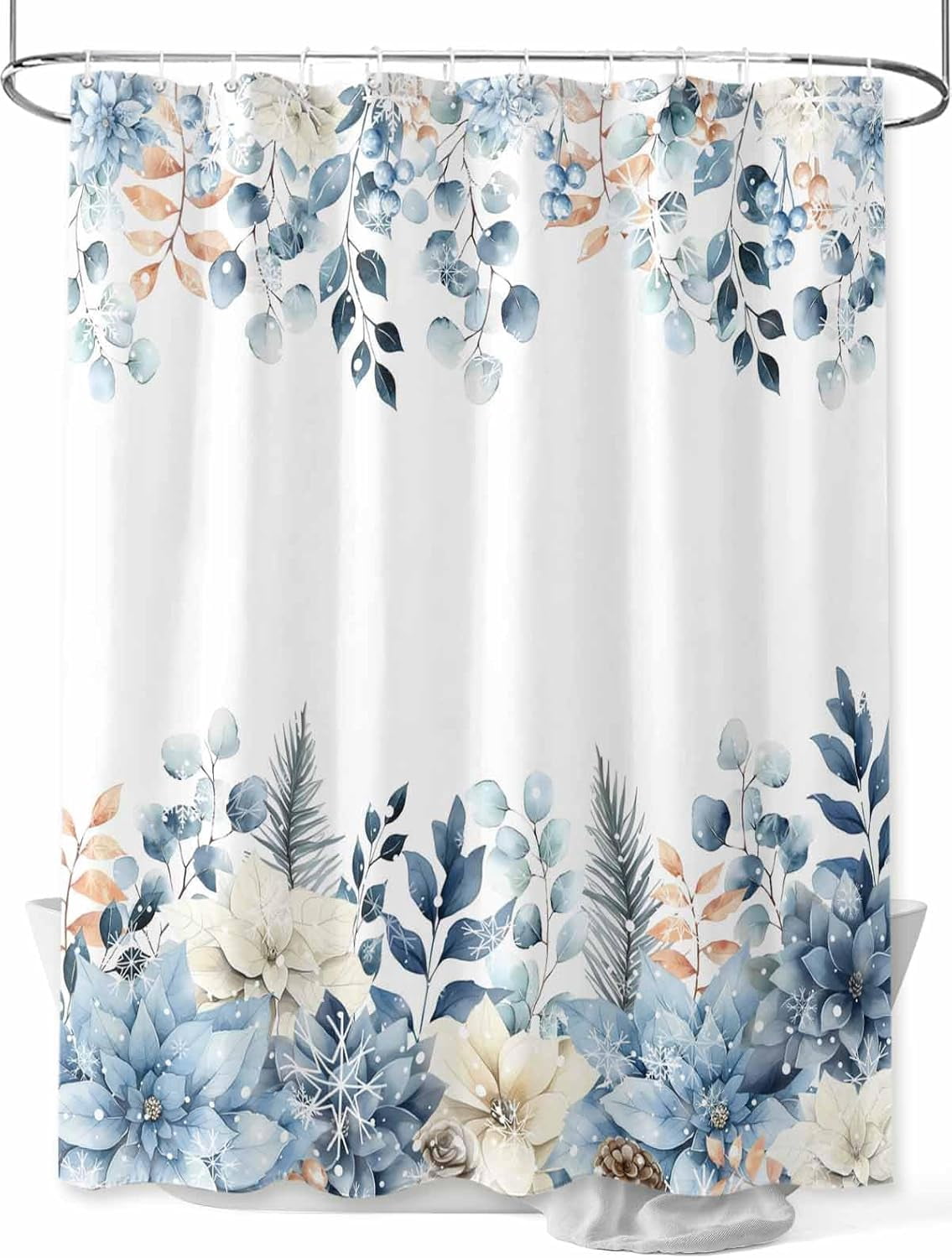 Blue Christmas Poinsettia Shower Curtain, Winter Eucalyptus Leaves ...