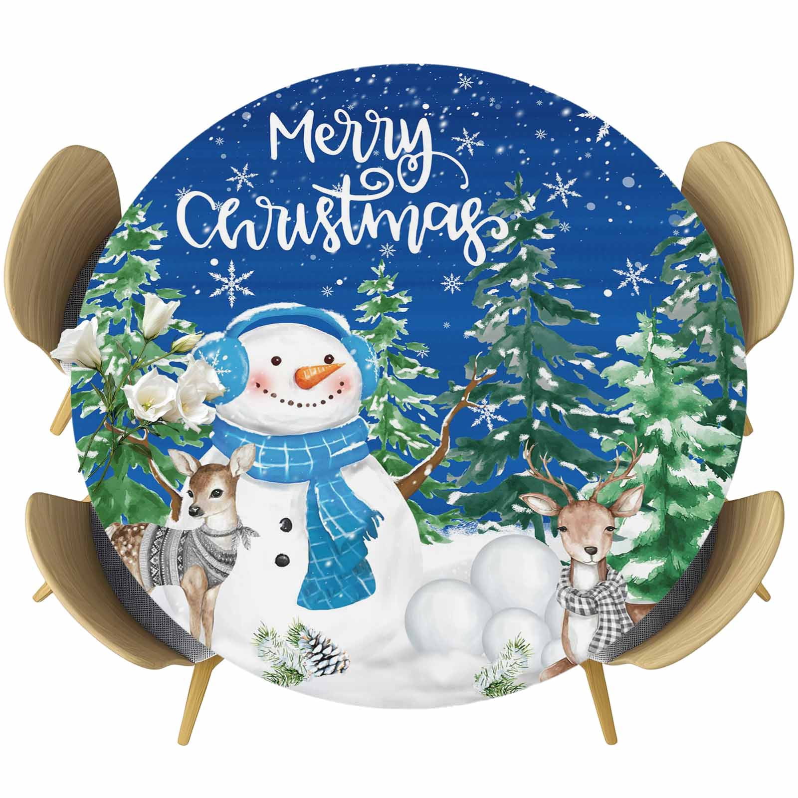 Blue Christmas Round Tablecloth, Fitted Table Cover with Elastic for 36 ...