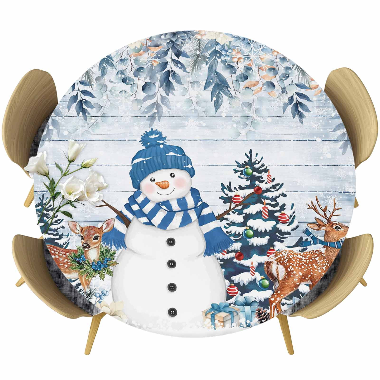 Blue Christmas Round Tablecloth, Fitted Table Cover with Elastic for 55 ...