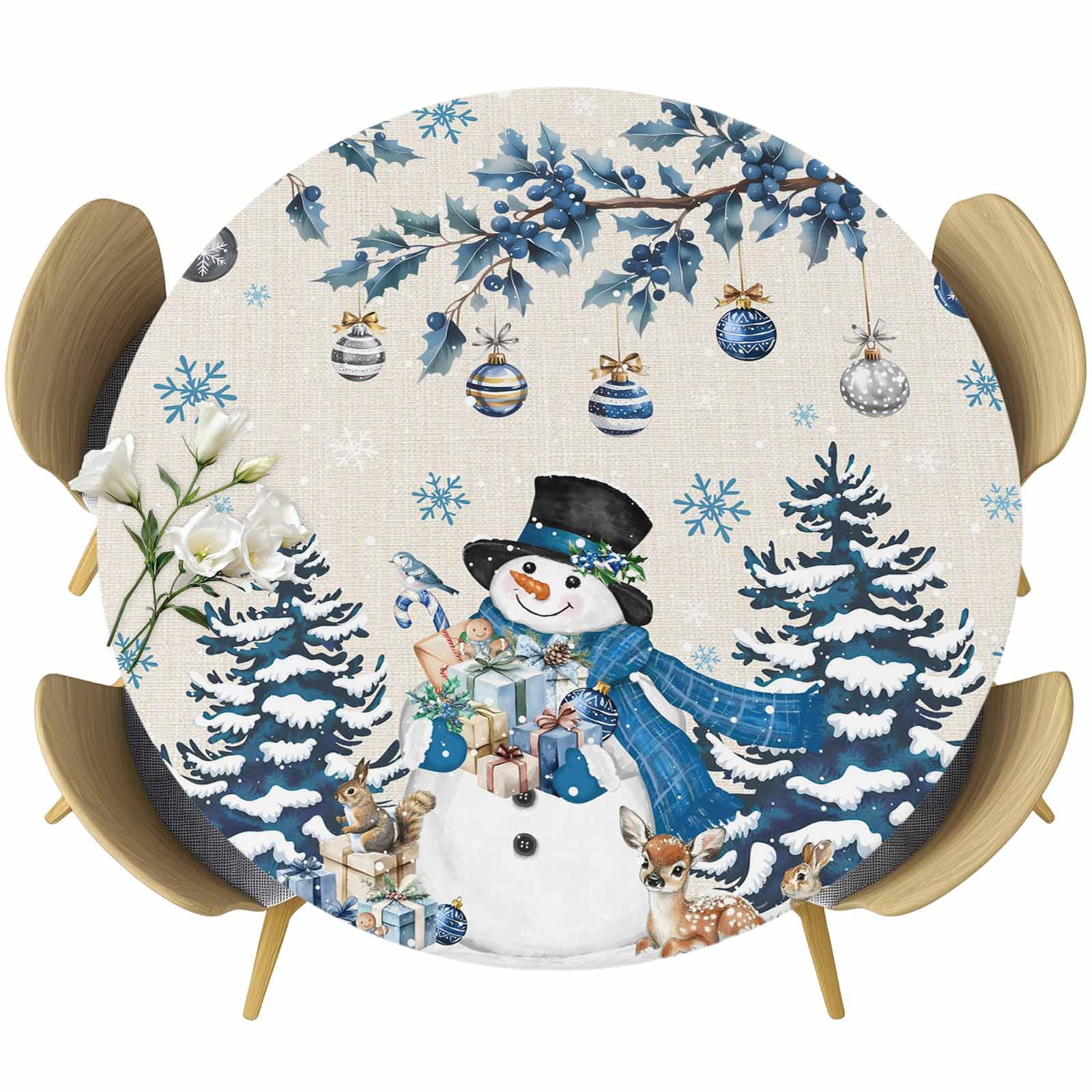 Blue Christmas Round Tablecloth, Fitted Table Cover with Elastic for 55 ...