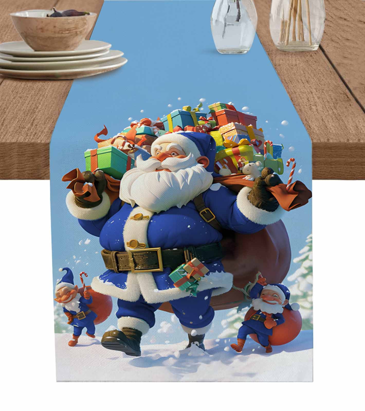 Blue Christmas Santa Burlap-Cotton Table Runner 48 Inches Long,Xmas ...