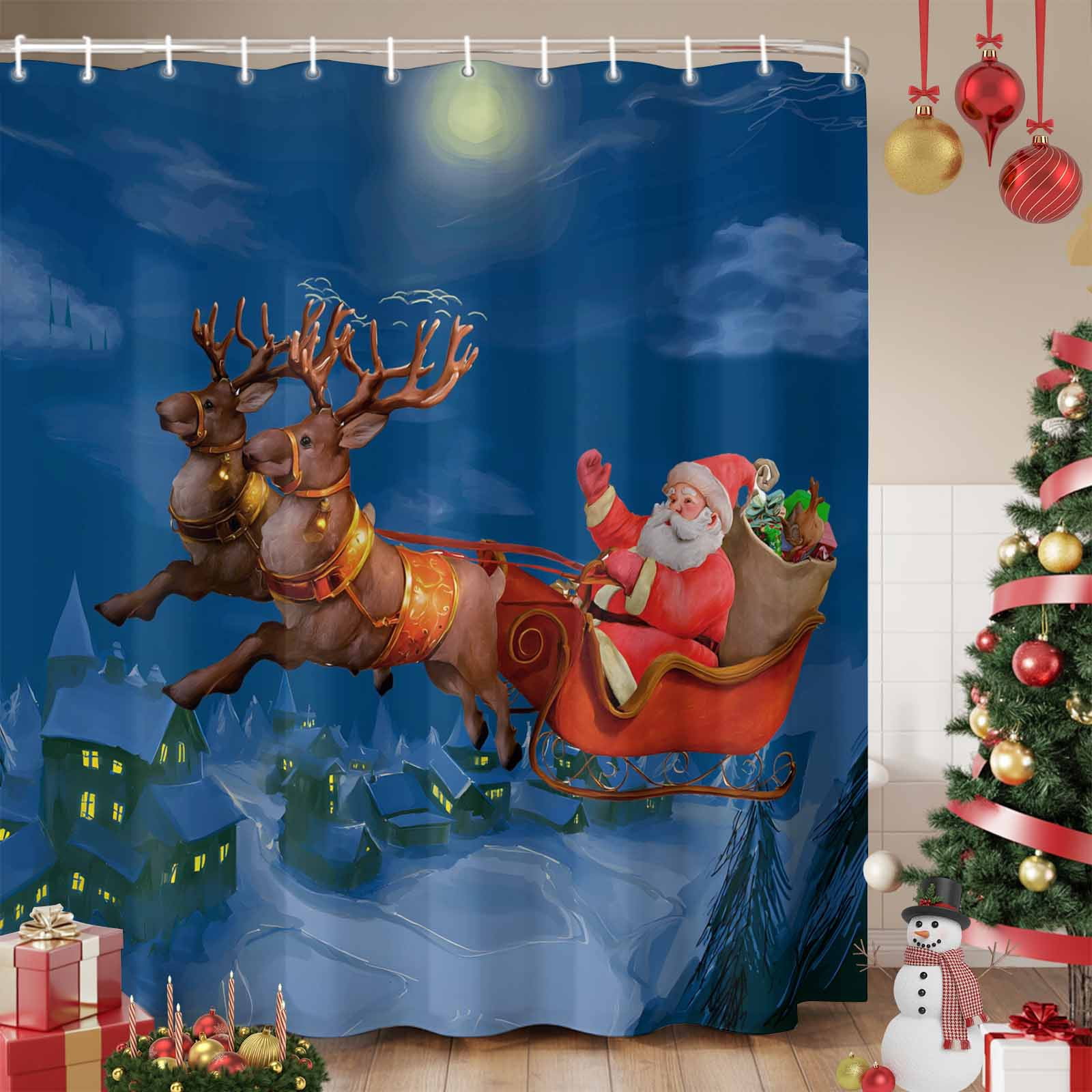 Blue Christmas Santa Shower Curtain, Xmas Winter Cartoon Watercolor ...