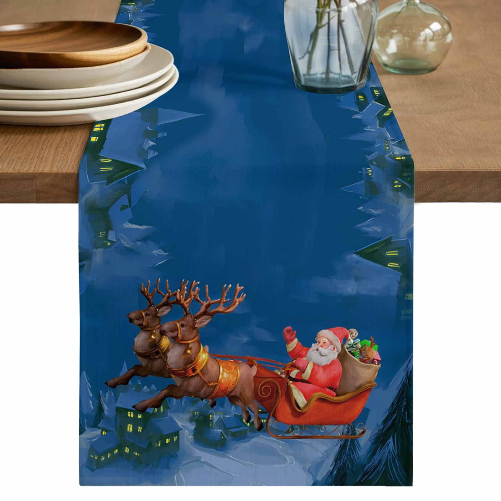 Blue Christmas Santa Table Runner 120 Inches, Xmas Winter Cartoon ...