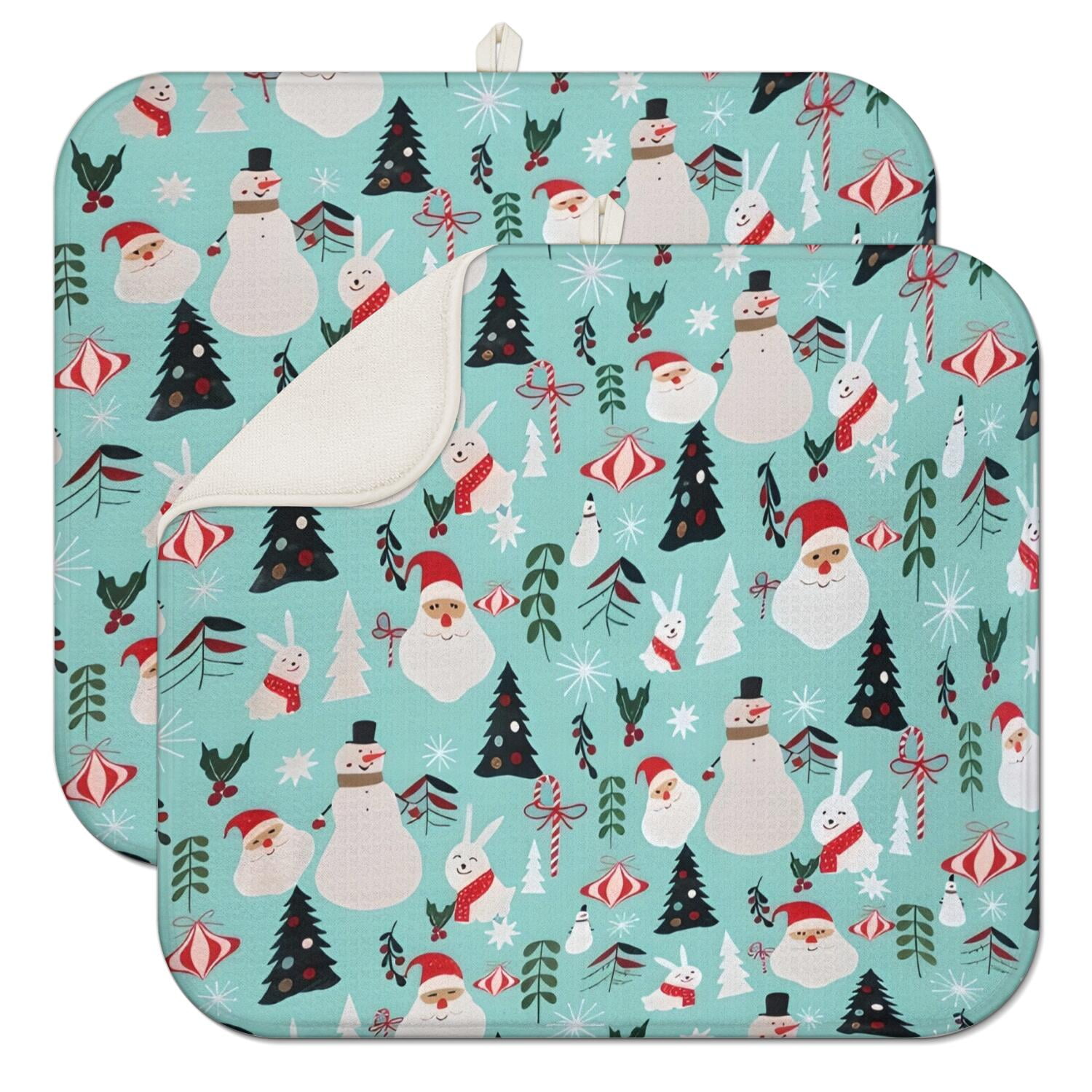 Blue Christmas Santa and Snowman Pattern Dish Drying Mat for Kitchen 1 ...