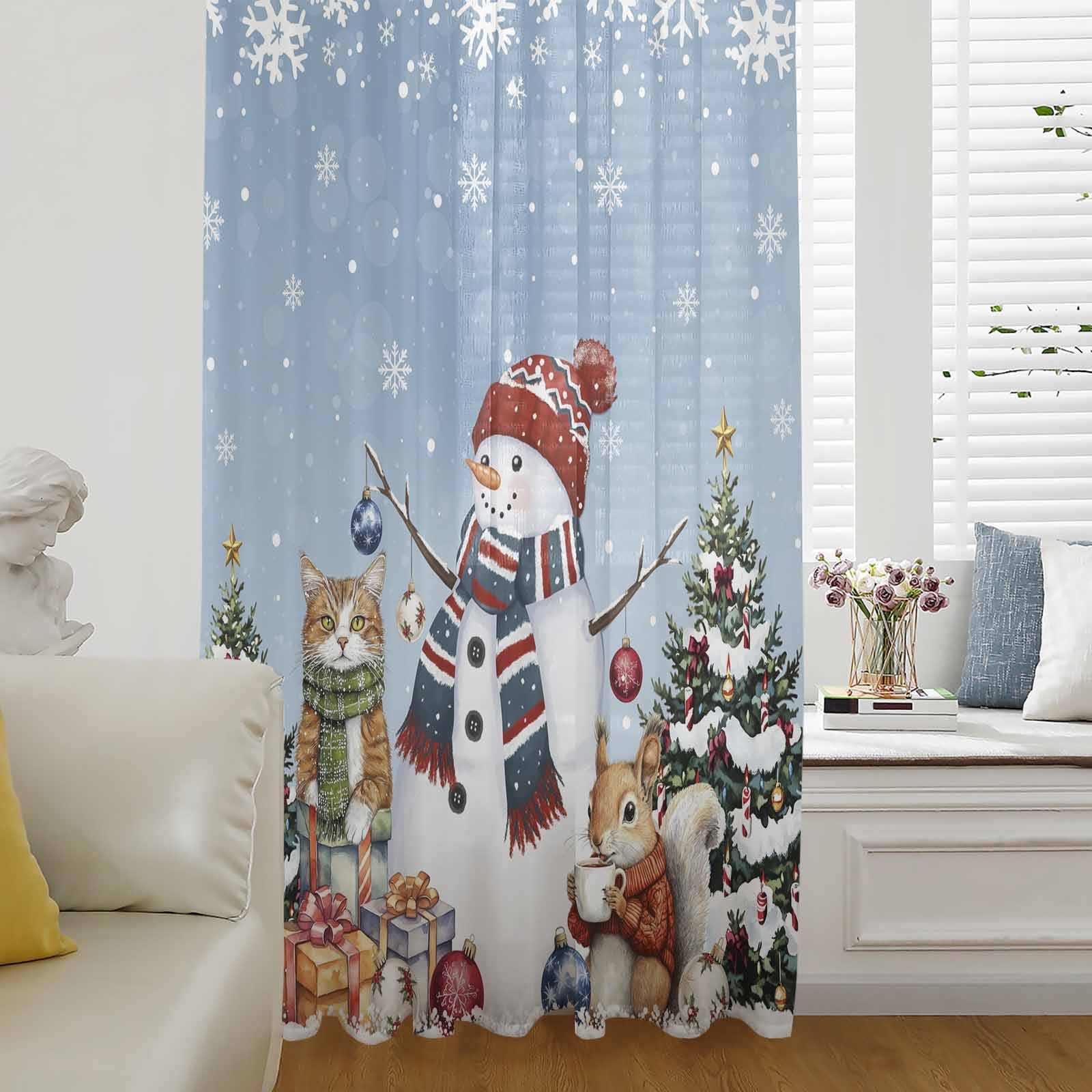 Blue Christmas Semi Sheer Curtains Drapes for Living Room,Bedroom ...