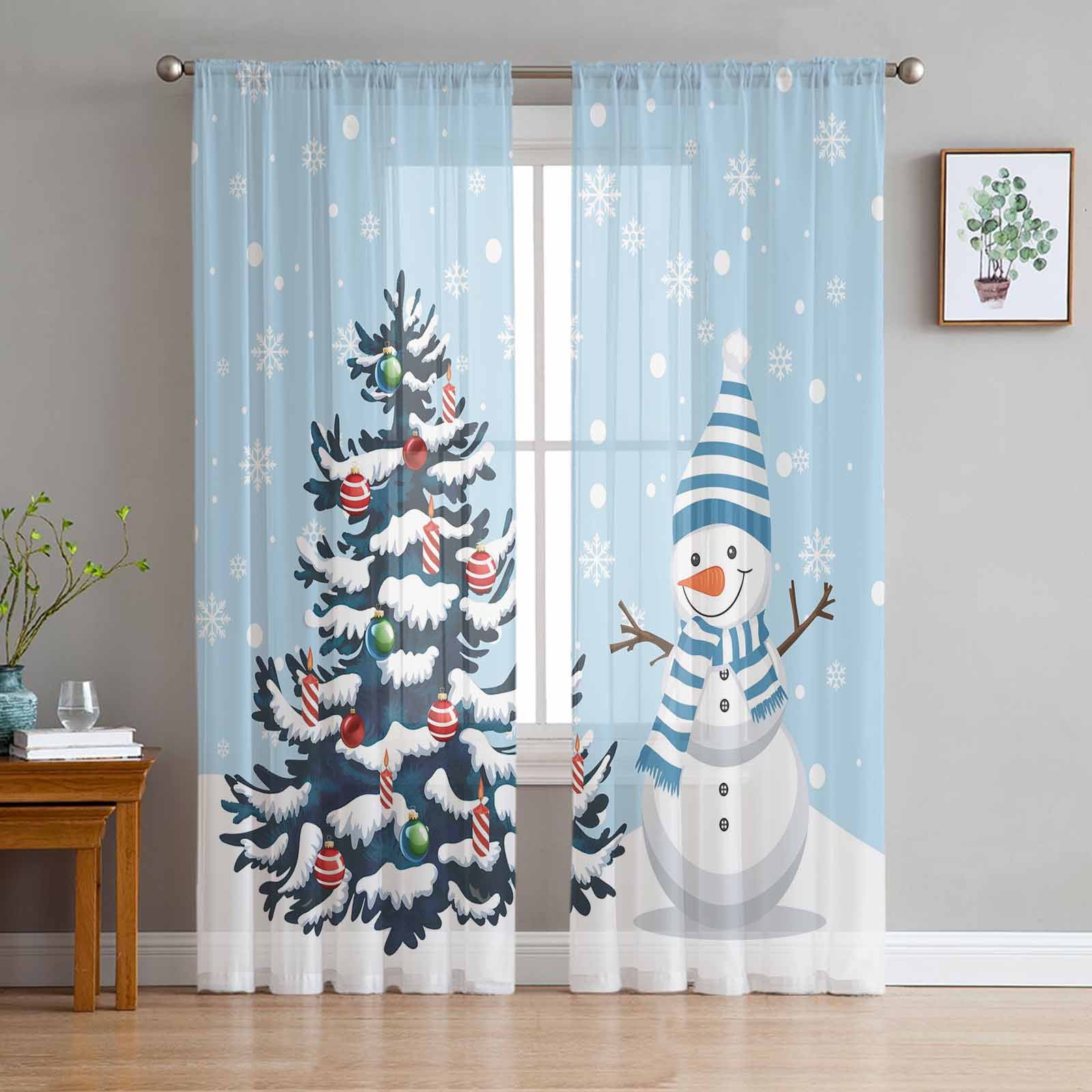 Blue Christmas Sheer Curtains 108 Inches Long, Snowman Pine Tree Ball ...