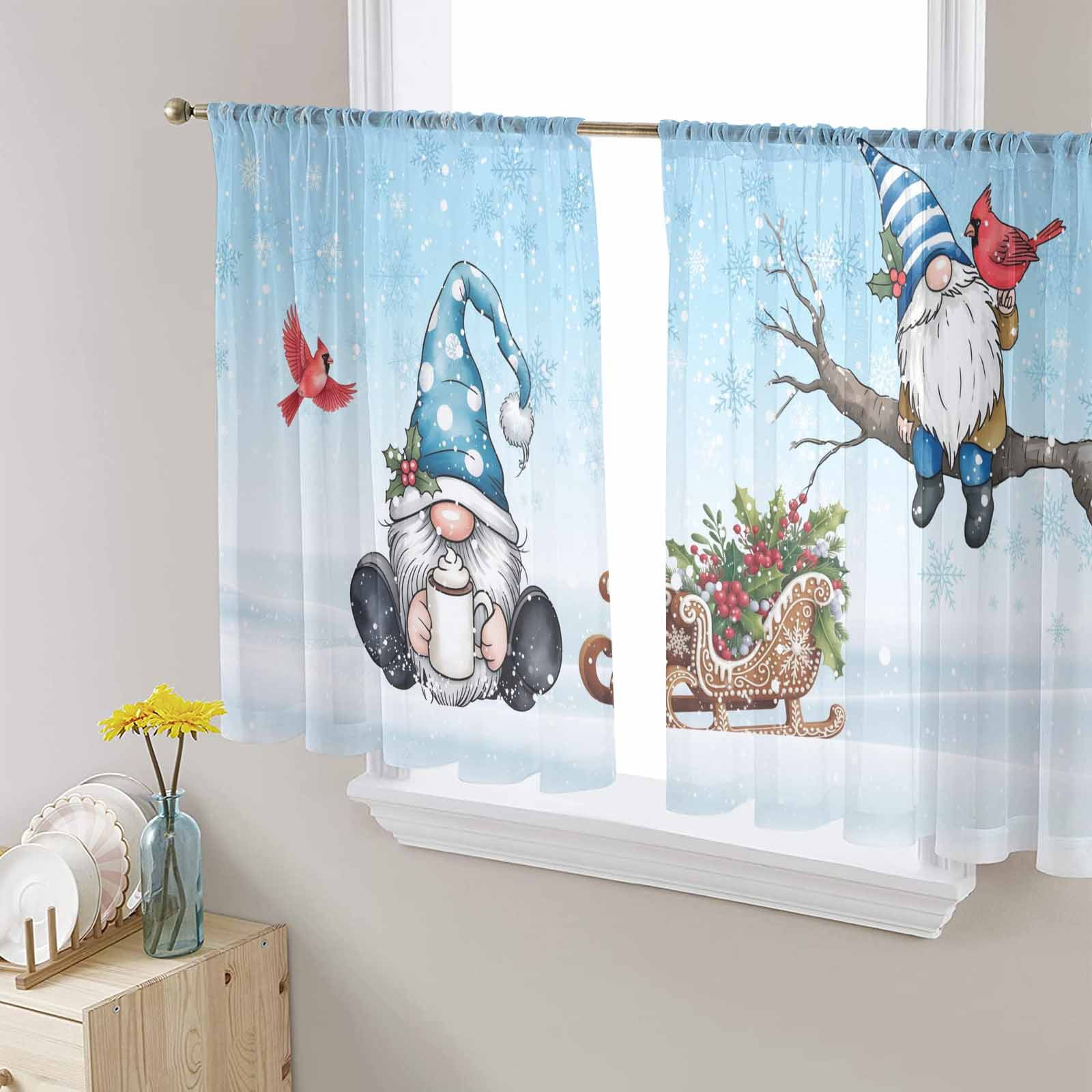 Blue Christmas Sheer Curtains 45 Inch Length 2 Panels Set, Semi ...