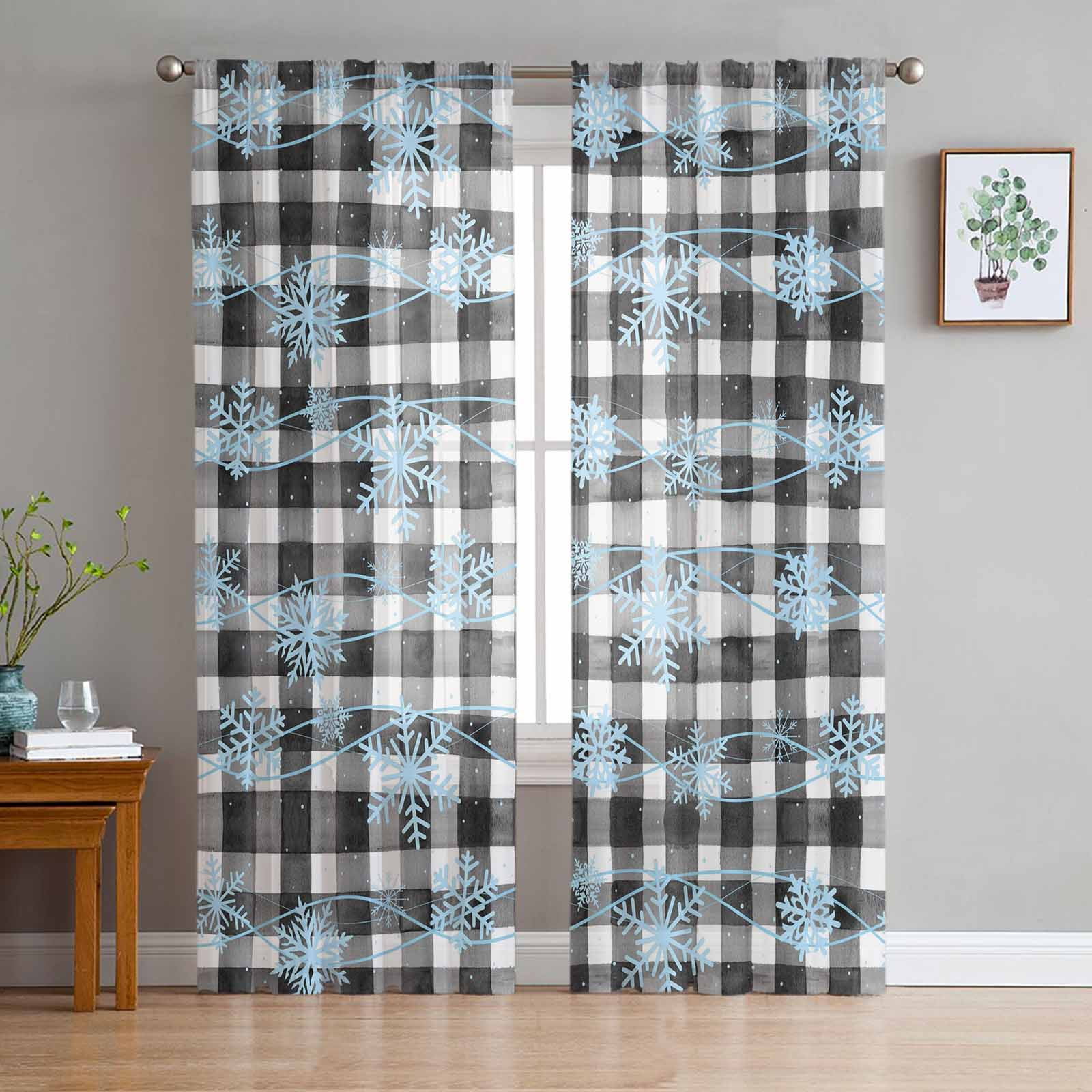 Blue Christmas Sheer Curtains 63 Inch Length 2 Panels Set, Semi ...