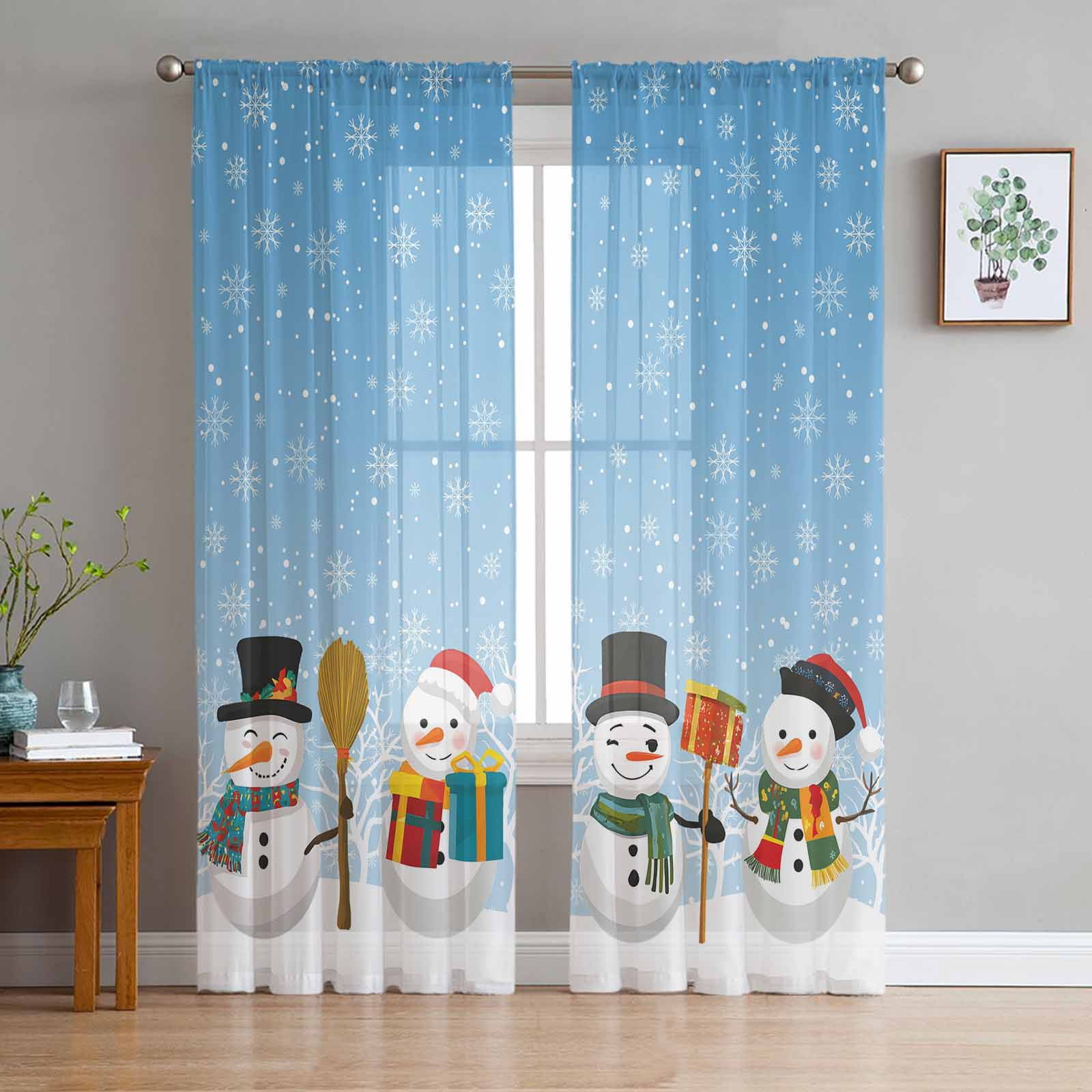 Blue Christmas Sheer Curtains 63 Inch Length 2 Panels Set, Semi ...