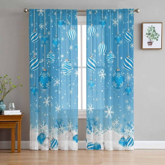 Blue Christmas Sheer Curtains 84 Inches Long, Xmas Balls Winter ...
