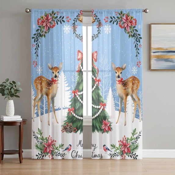Blue Christmas Sheer Curtains 96 Inch Length 2 Panels Set, Xmas Tree ...