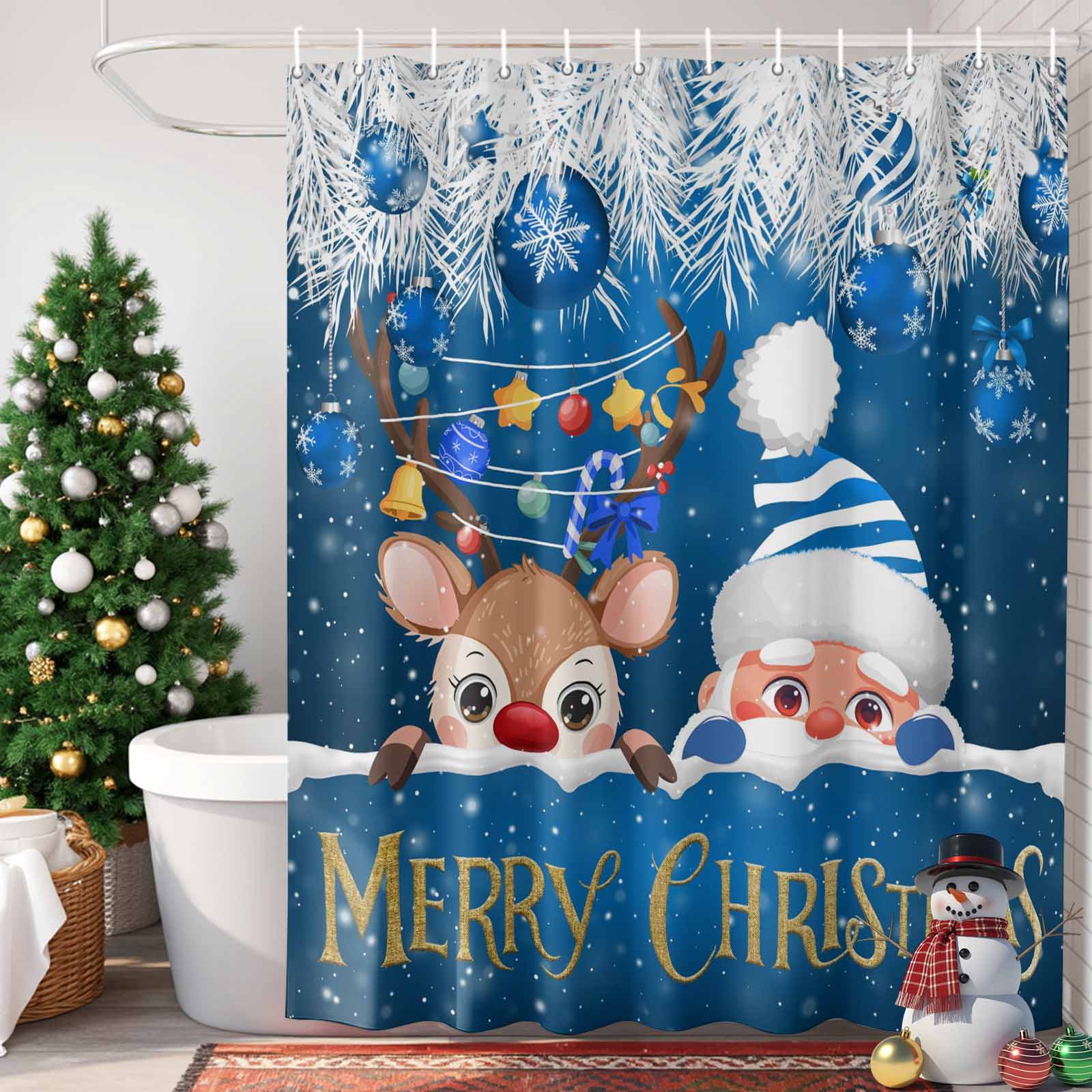 Blue Christmas Shower Curtain, 36" x 72", Cute Santa Claus Deer Winter ...